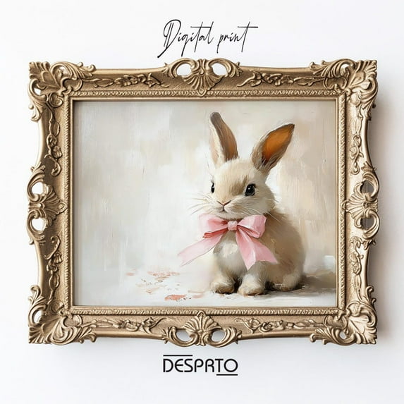 Egg Day Rabbit Pink Bow Print, Spring Bunny Bow Cottagecore Print, Egg ...