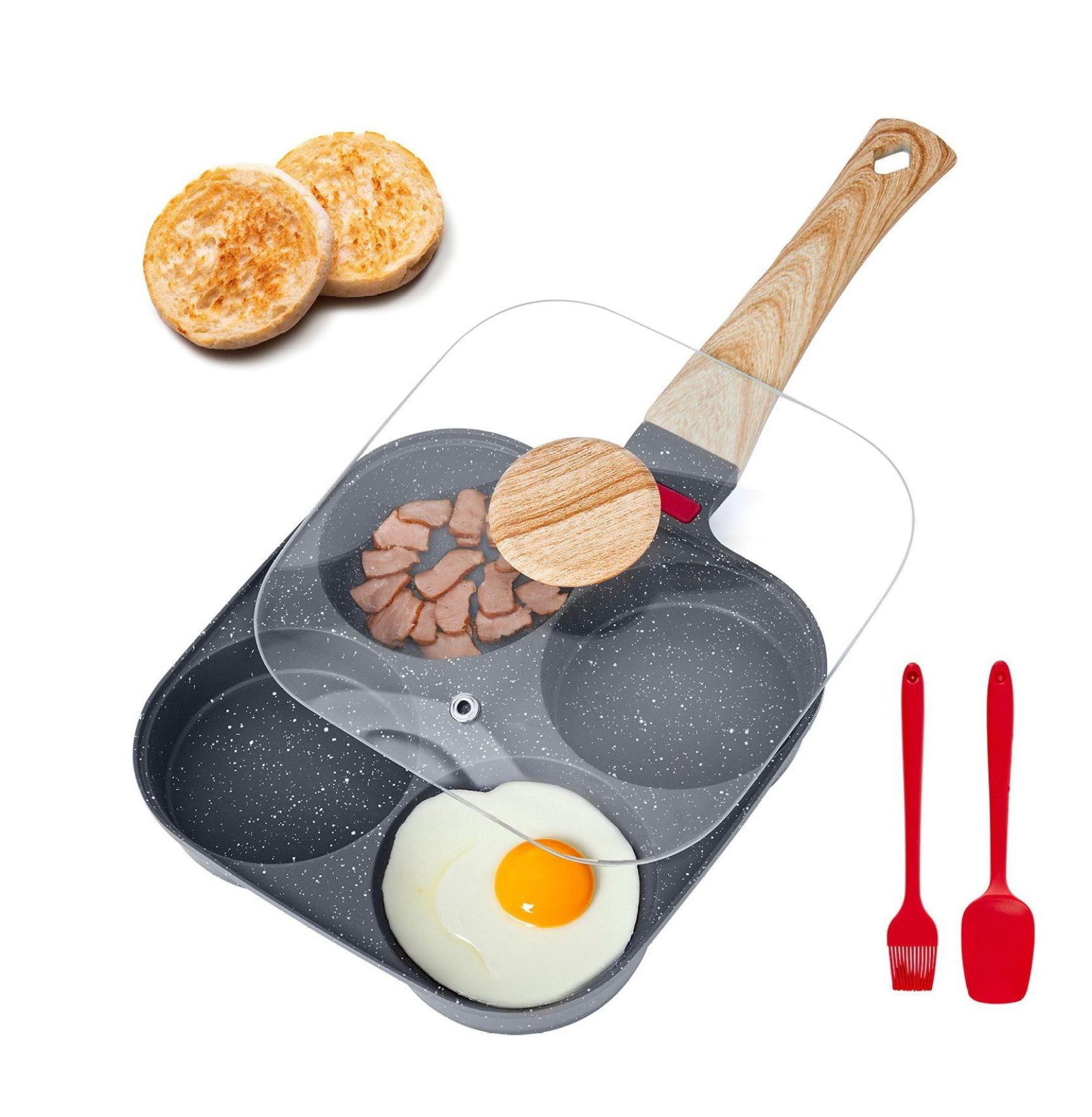 Egg Pan 4-Cup Nonstick Skillet, Aluminum Omelette Pan with Lid & Tools ...