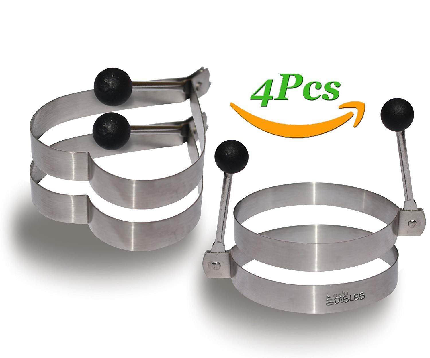 Egg Ring Set of 4, Stainless Steel with handle. 2 Heart & 2 Round; by ...