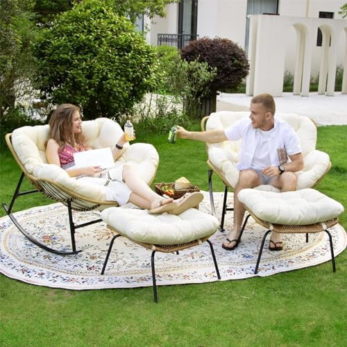 Egg Rocking Chair with Ottoman Set of 2, Comfy Oversized Papasan Lounge ...