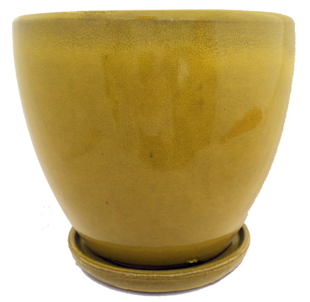 Egg Style Pot with attached Saucer - Atomic Yellow - 5" x 4 1/2" with ...