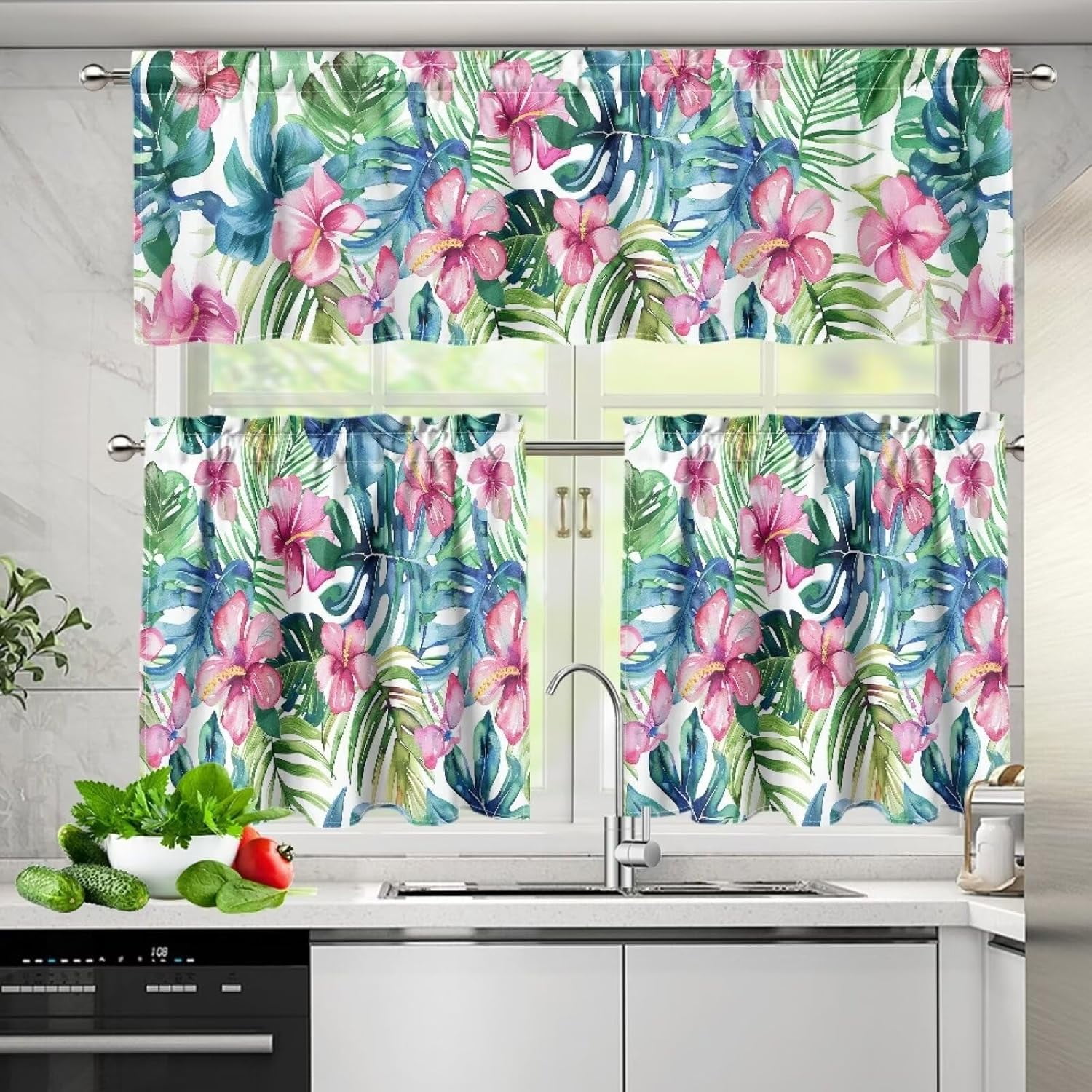 Eggplant Palm Leaves 3 Piece Curtain Valance Set Rod Pocket Kitchen ...