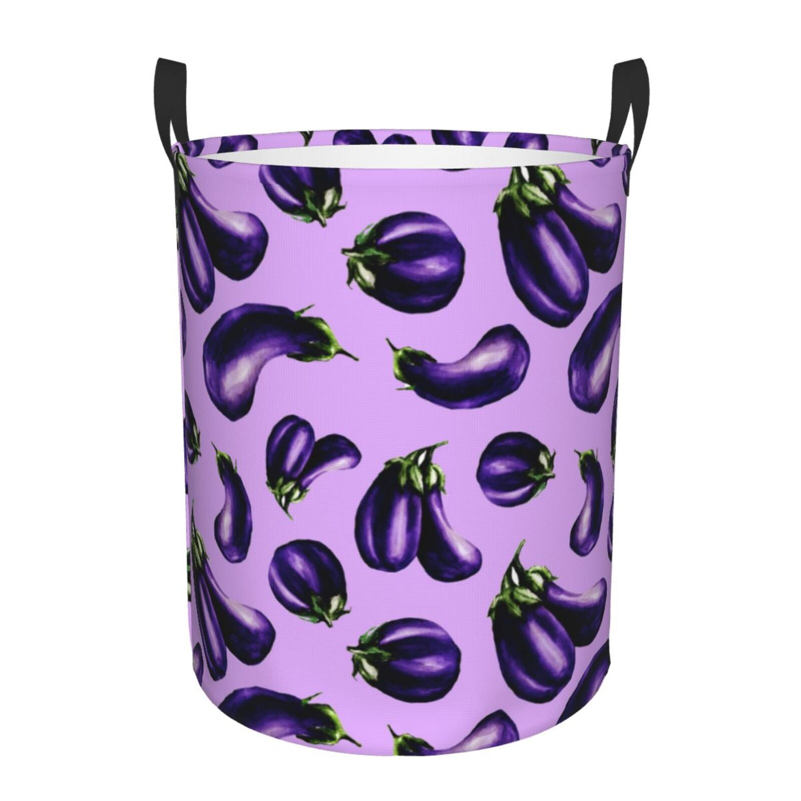 Eggplant Print purple Round Laundry Basket, Laundry Hamper with Handle ...