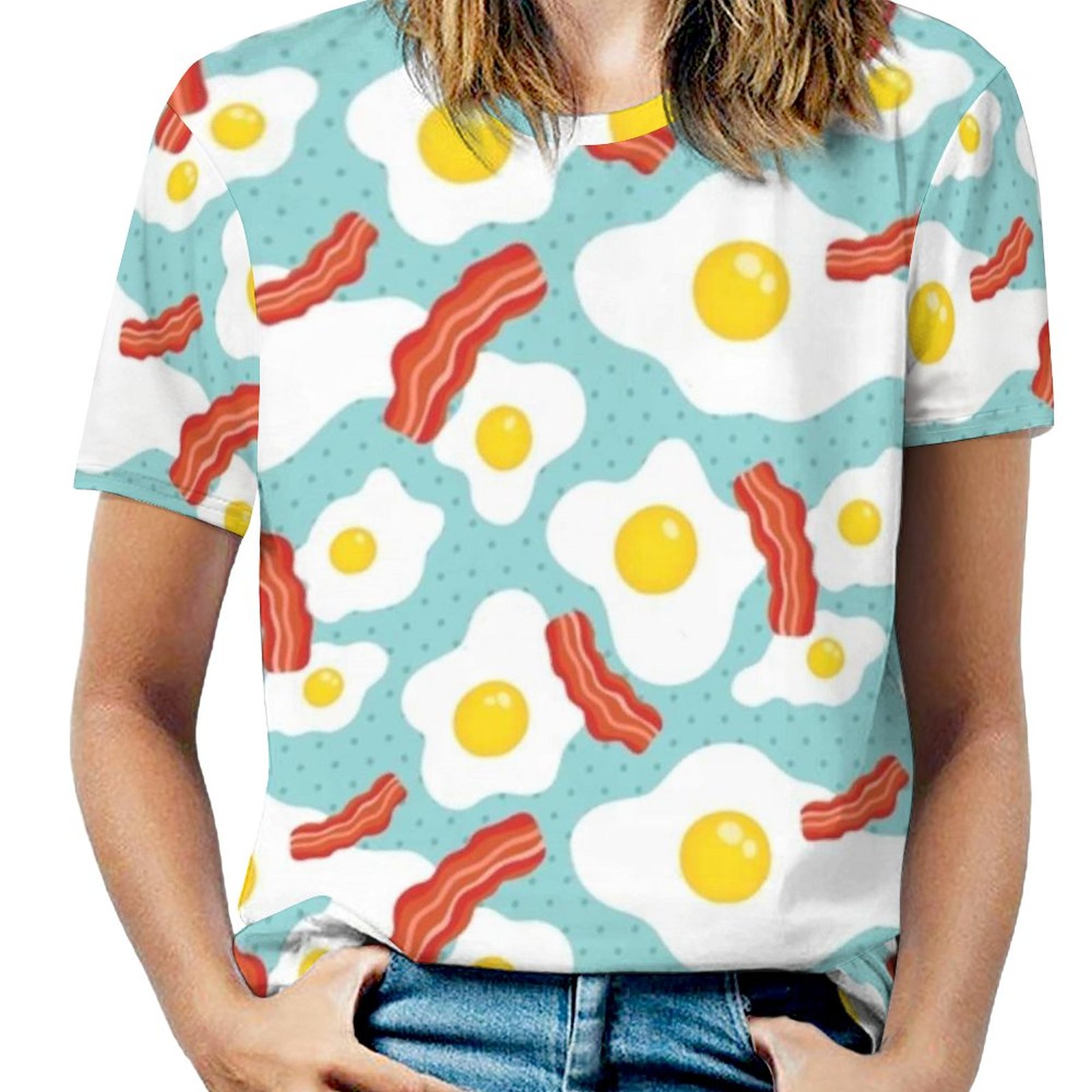 Eggs And Bacon 2448 Women Print T Shirt Casual Off Shoulder Loose ...