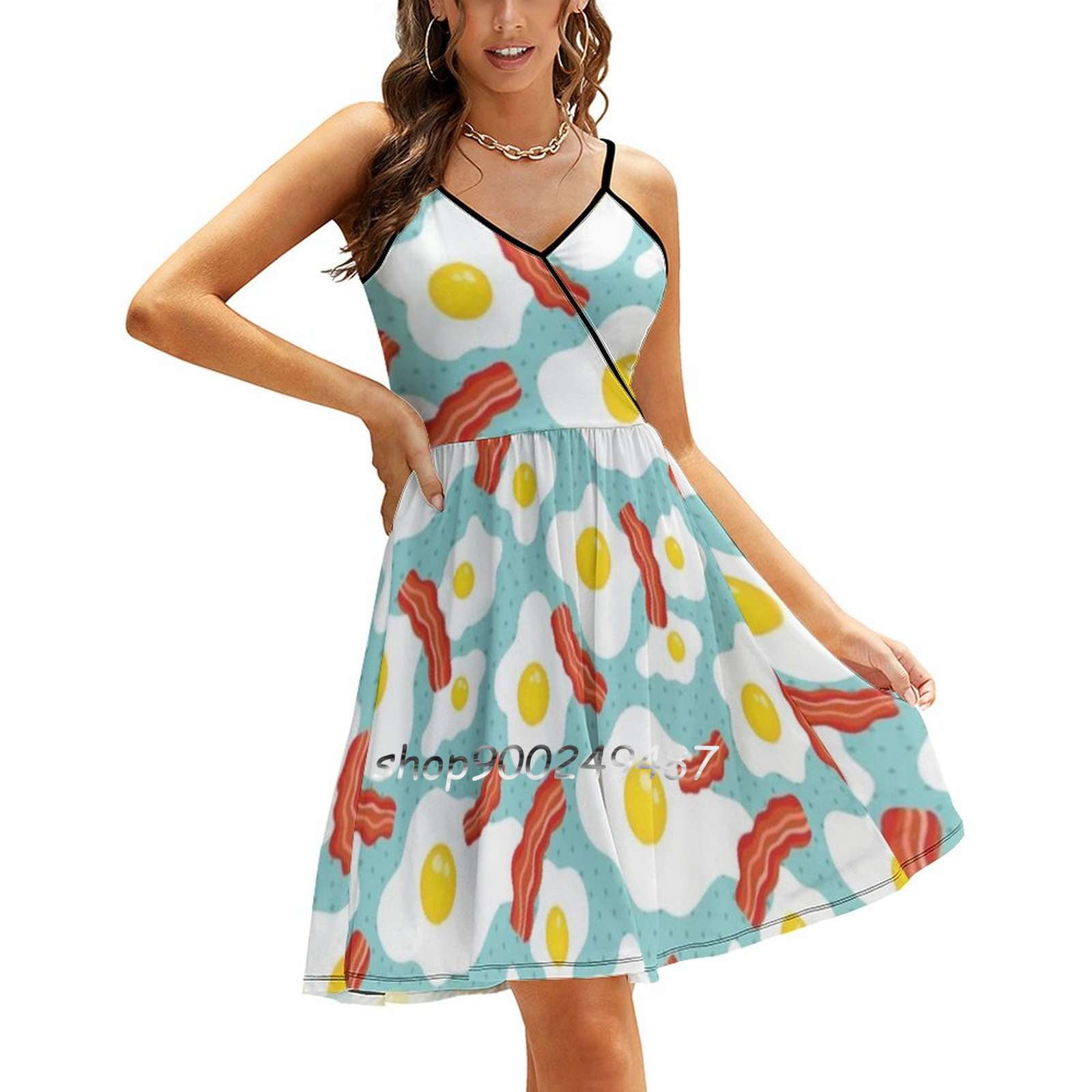 Eggs And Bacon Square Neck Dress Sweet Summer Dress Women Elegant ...