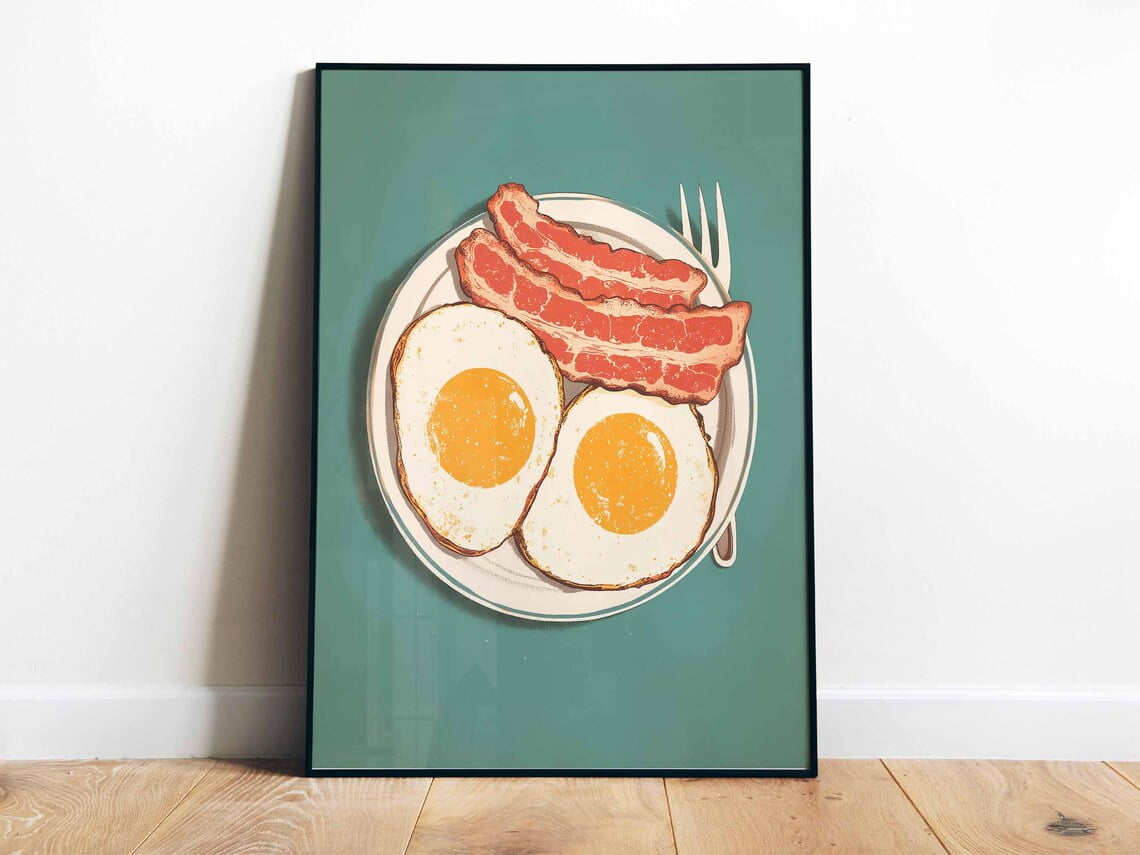 Eggs And Bacon Print Retro Kitchen Wall Art Breakfast Eggs & Bacon ...