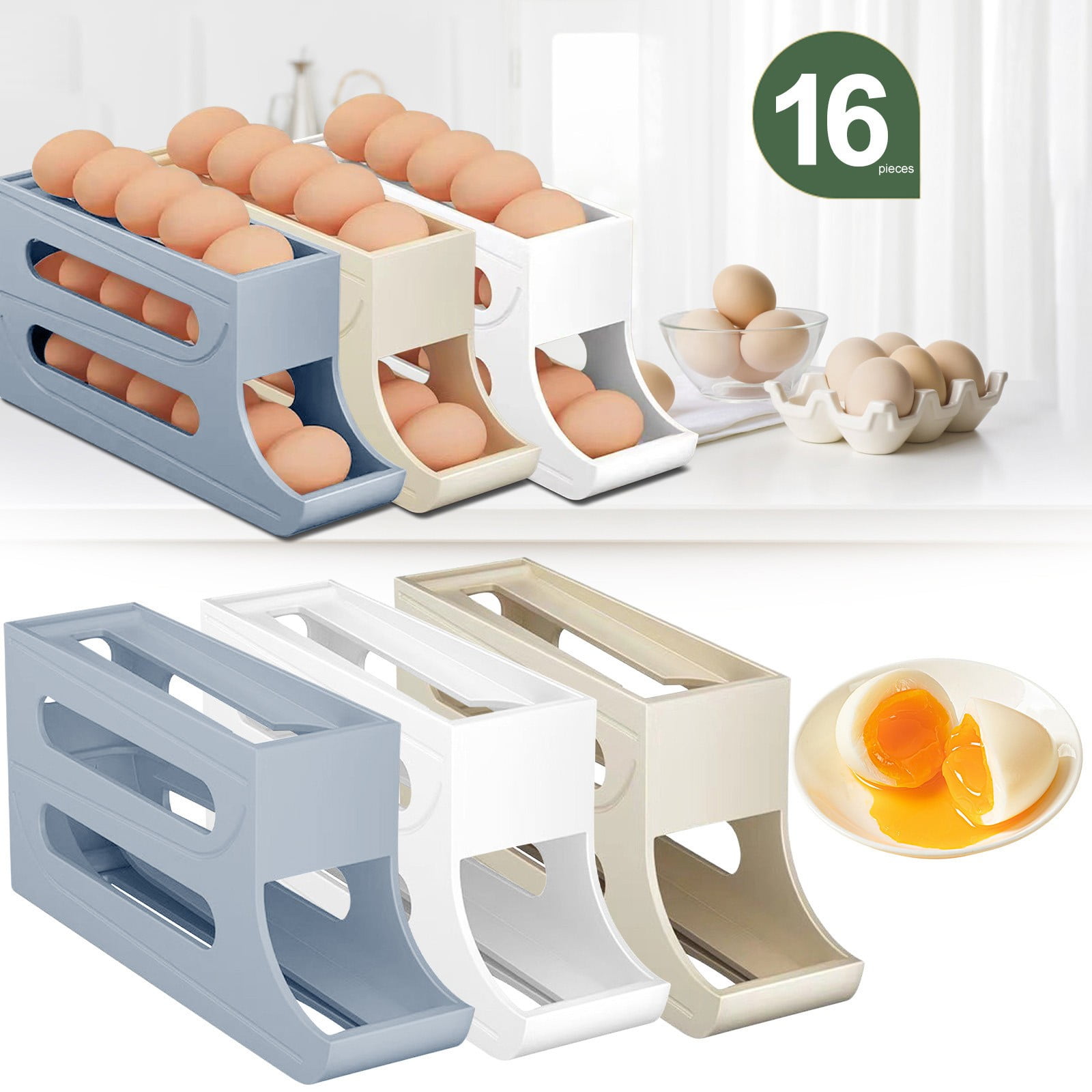 Eggs Dispenser for Refrigerator, 3-Tier Auto-Rolling Egg Organizer with ...