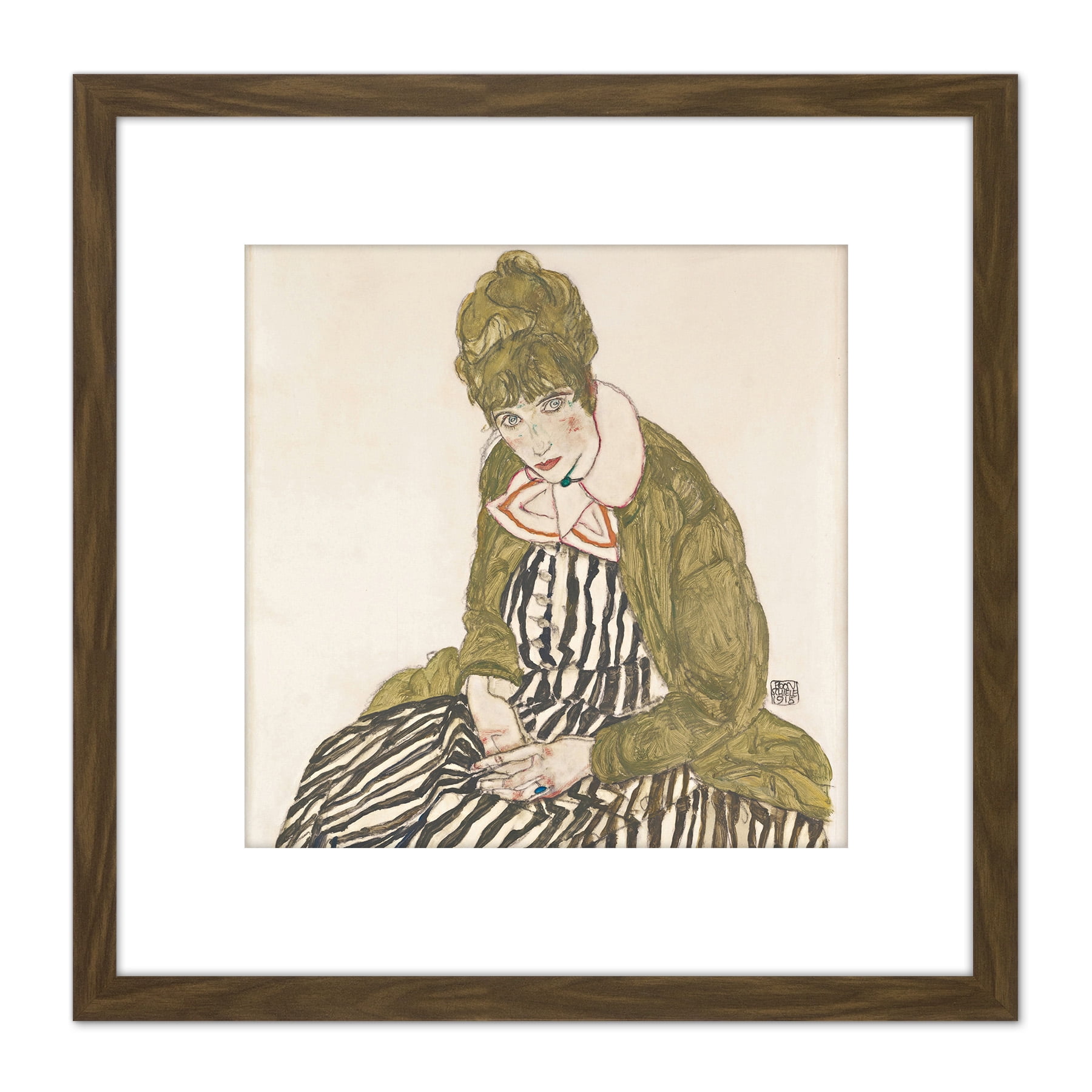 Egon Schiele Edith With Striped Dress Sitting 8X8 Inch Square Wooden ...
