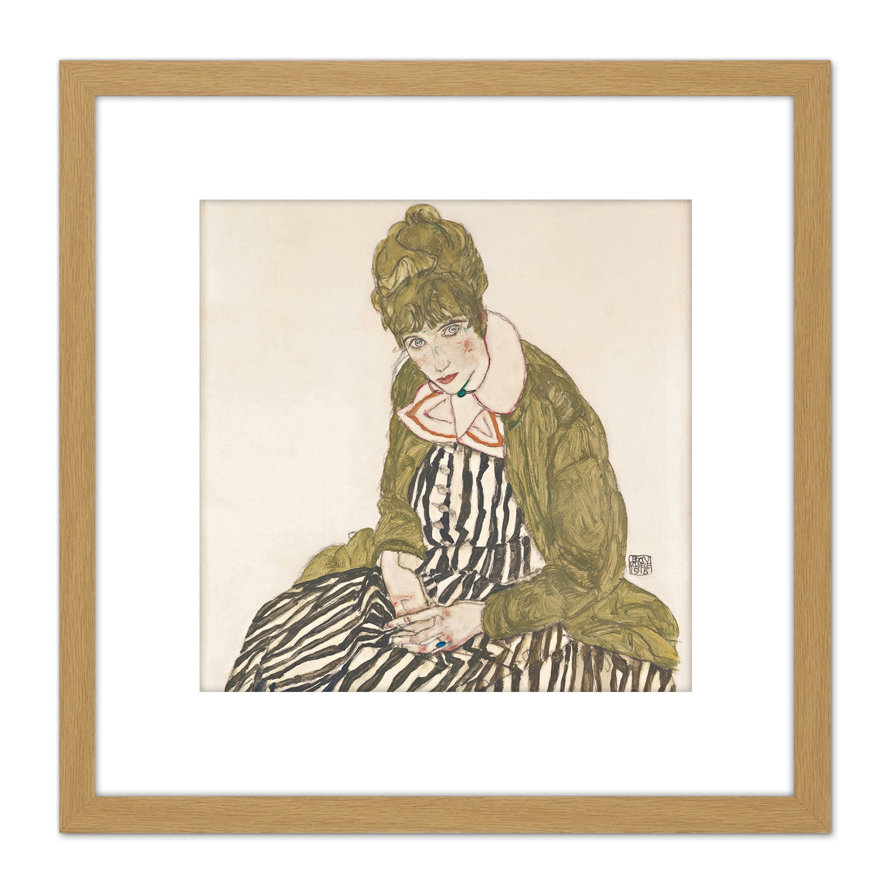 Egon Schiele Edith With Striped Dress Sitting 8X8 Inch Square Wooden ...