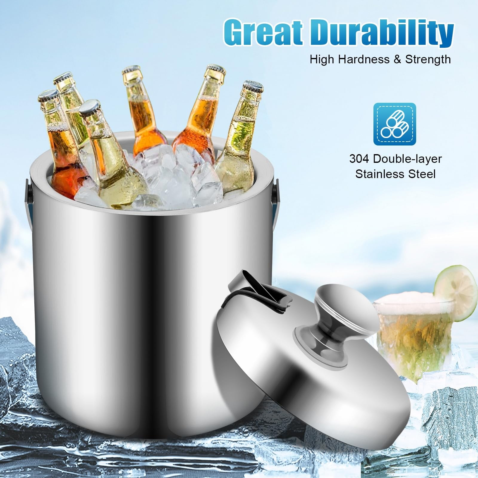 Egooesam Ice Bucket, Stainless Steel Double Wall Insulated Ice Bucket with Lid, Ice Tongs and ...