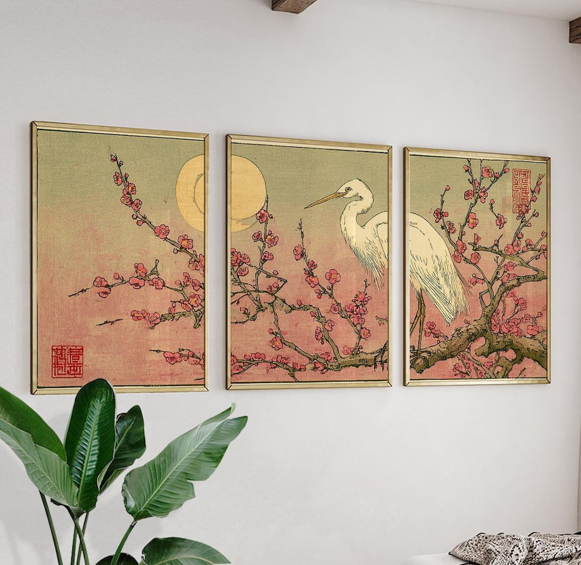Egret Bird Plum Blossoms Japanese Ink Art Version Two Set 3 Stretched ...
