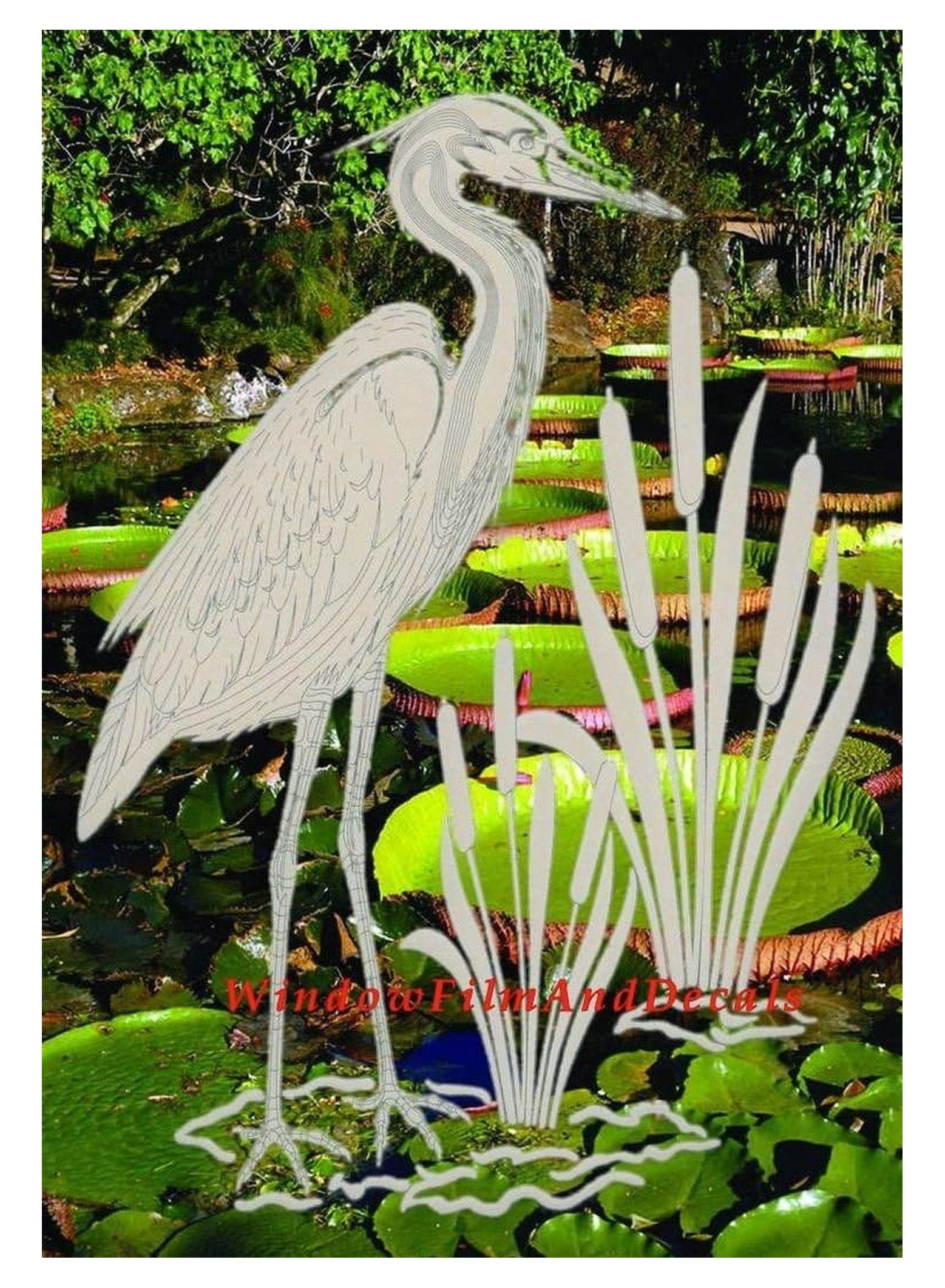 Egret & Cattails Left Oval Etched Window Decal Vinyl Glass Cling - 15" x 23" - Clear with White ...