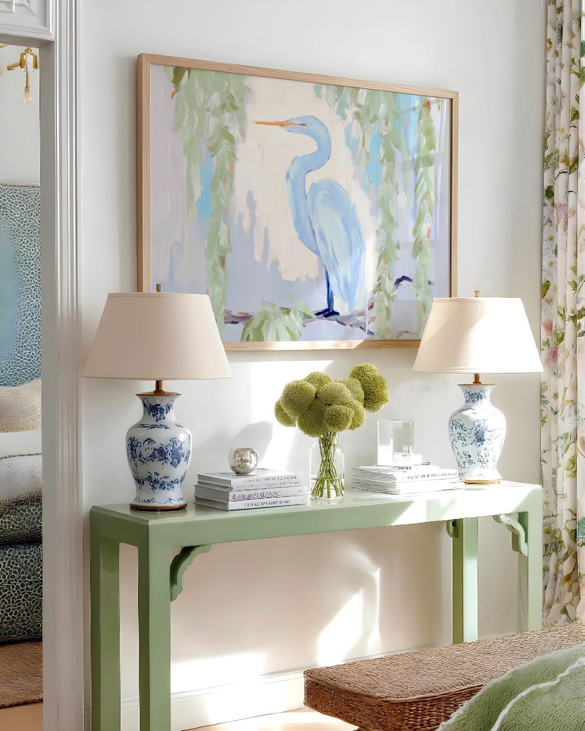 Egret Spanish Moss Bird Sage Green Coastal Swamp Decor Southern Blue ...