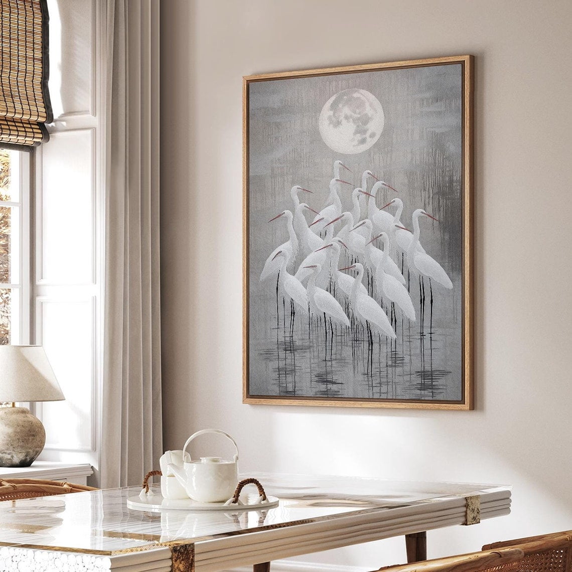 Egrets Under Full Moon Poster, Stretched Size 16x24 - Walmart.com