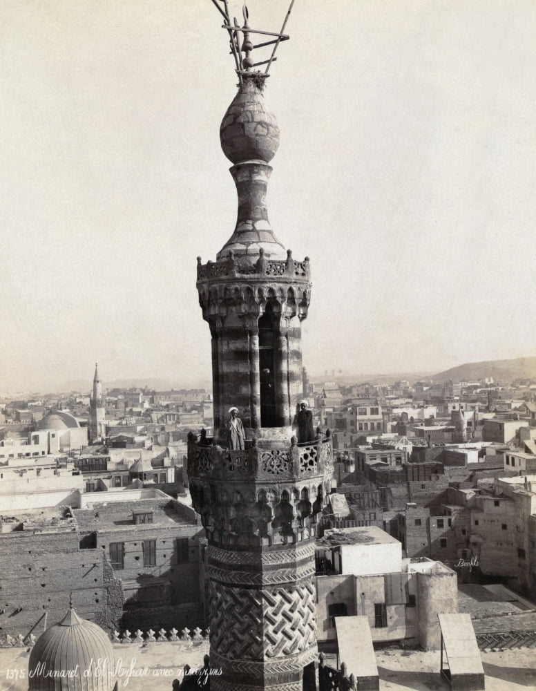 Egypt Cairo. Ntwo Men Standing On The Balcony Of The Minaret Of Al ...
