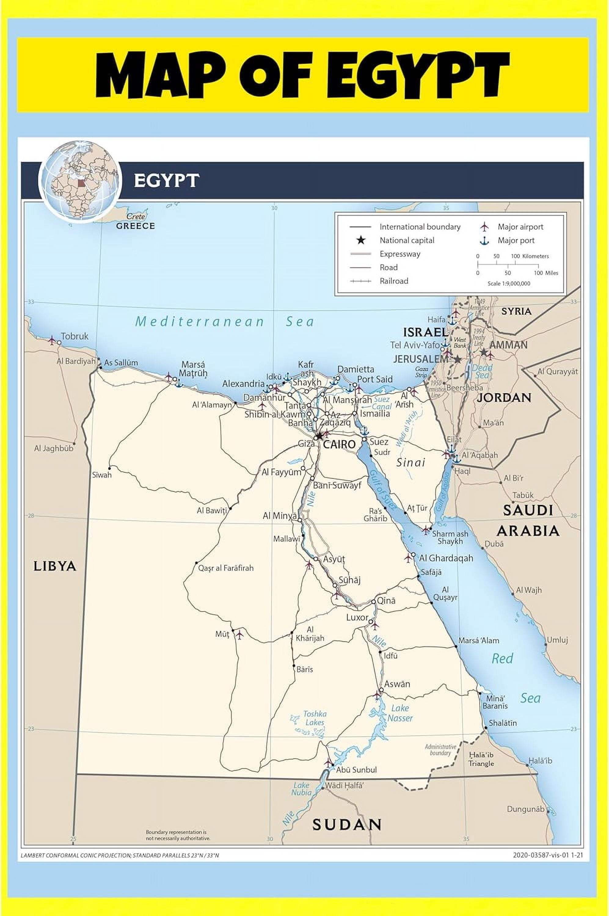 Egypt Map Poster - Laminated Wall Map - Style A - 20x30 - Ideal for Classrooms and Homes ...