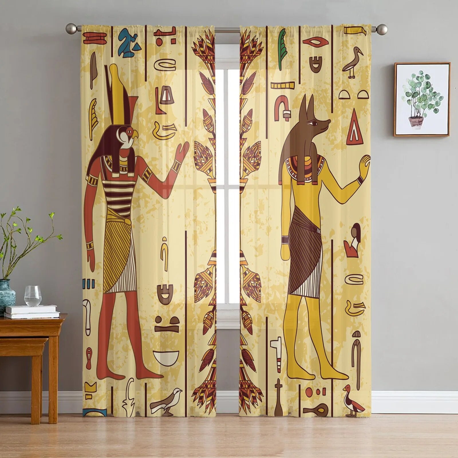 Egypt Pharaoh Yellow Mural Ancient Tulle Sheer Curtains for Living Room ...