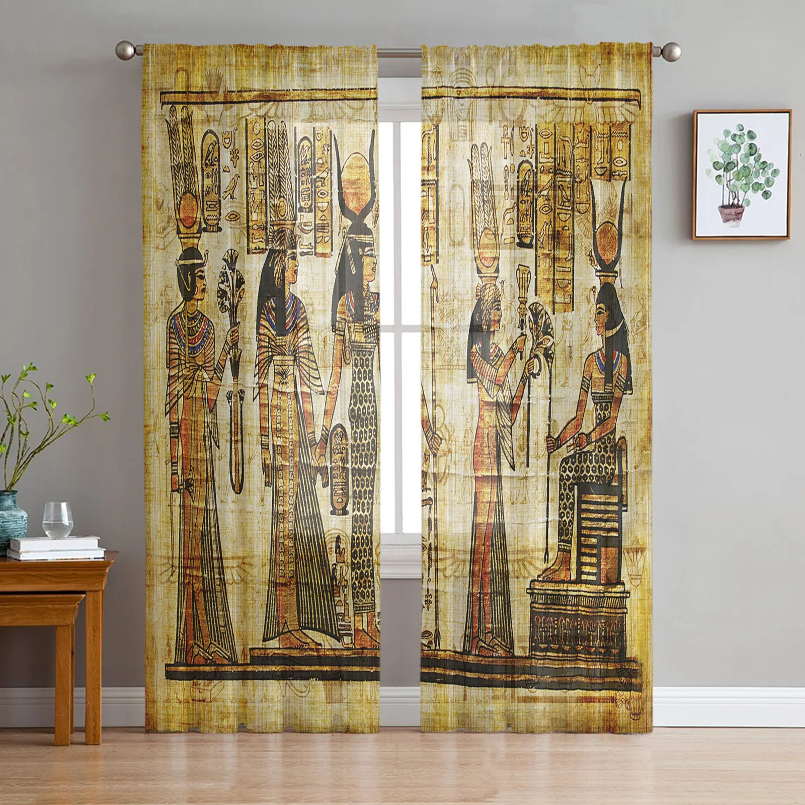 Egypt Pharaoh Yellow Mural Ancient Tulle Sheer Curtains for Living Room ...