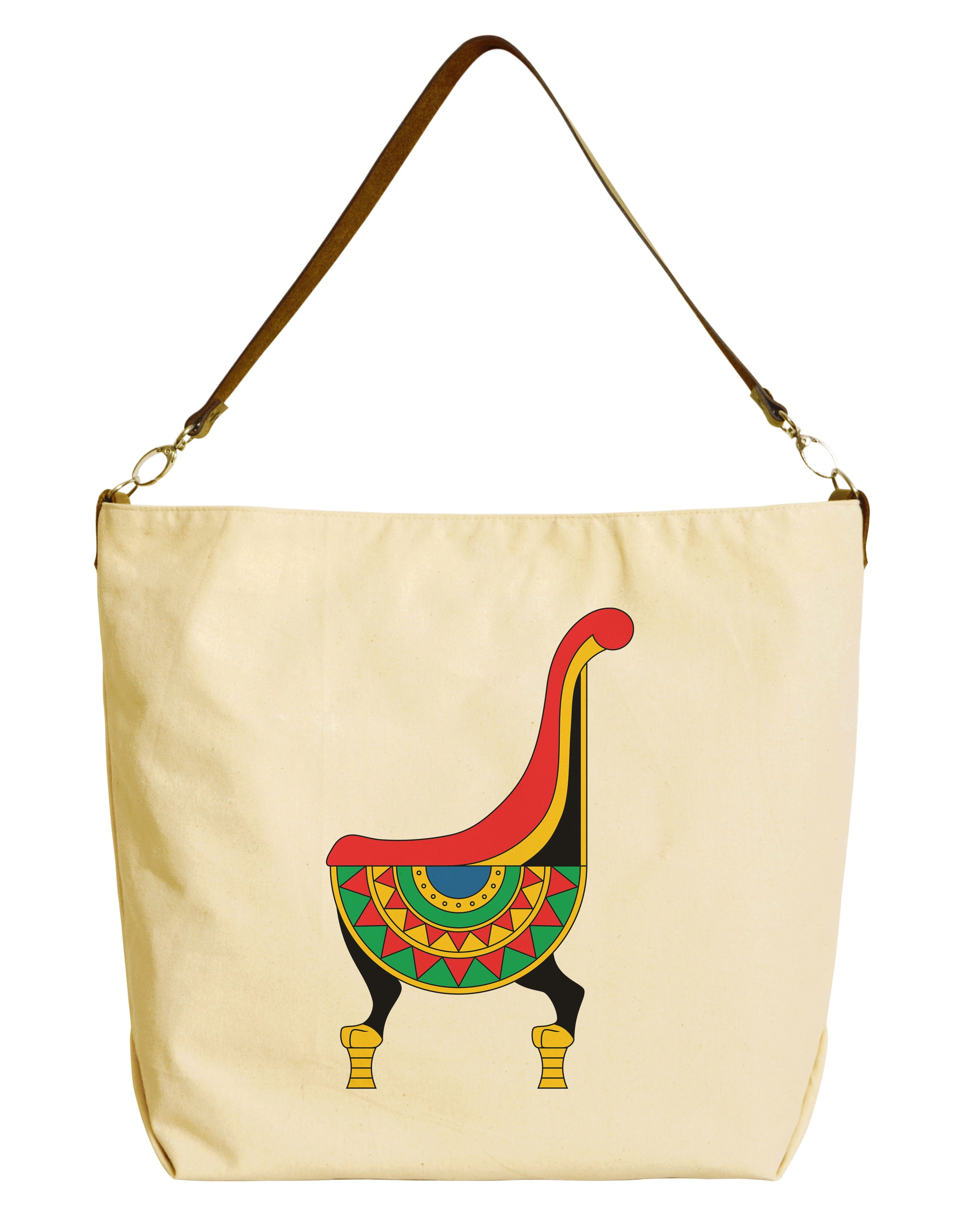 Egypt Pharaoh's Throne Beige Printed Canvas Tote Bag with Leather Strap ...