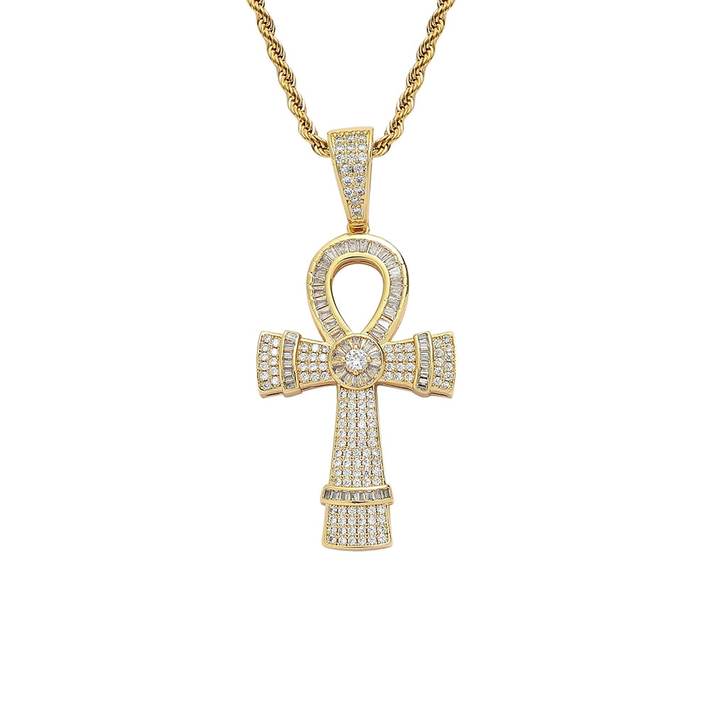Egyptian Ankh Key Hip Hop Pendant Collar Chain 14K Yellow Gold Necklace ...