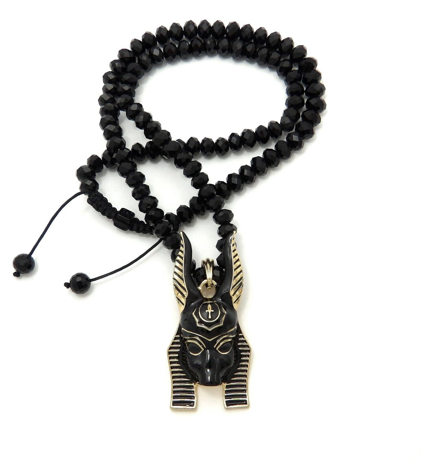Egyptian Anubis Eye of Horus Ankh Cross Pendant & 24" Black Stone Bead ...