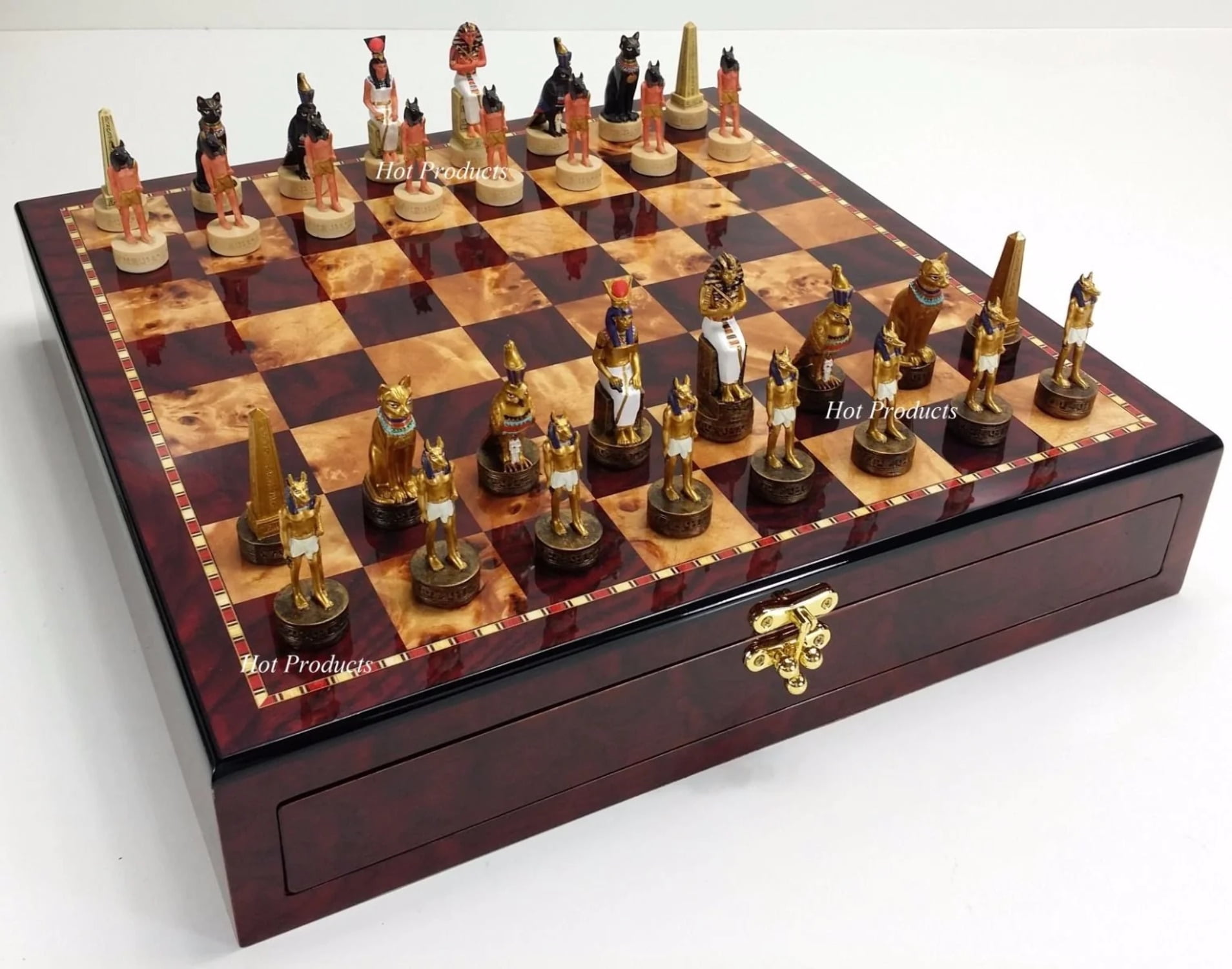 Egyptian Anubis Gold Buff Chess Set W/ 17" Cherry Color Gloss Storage ...