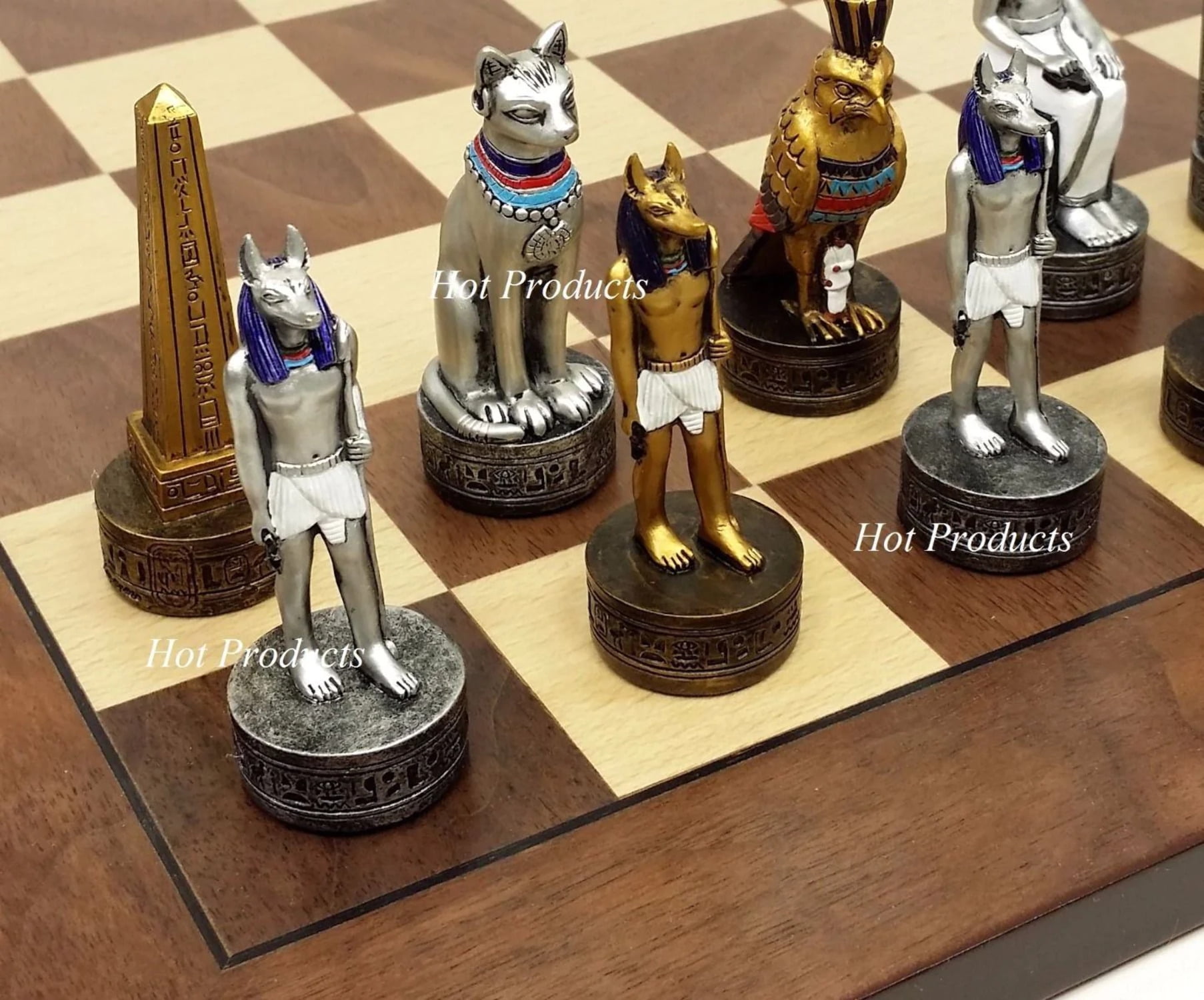 Egyptian Anubis Gold Silver Chess Men Set W/ Color Accents 17" Walnut ...