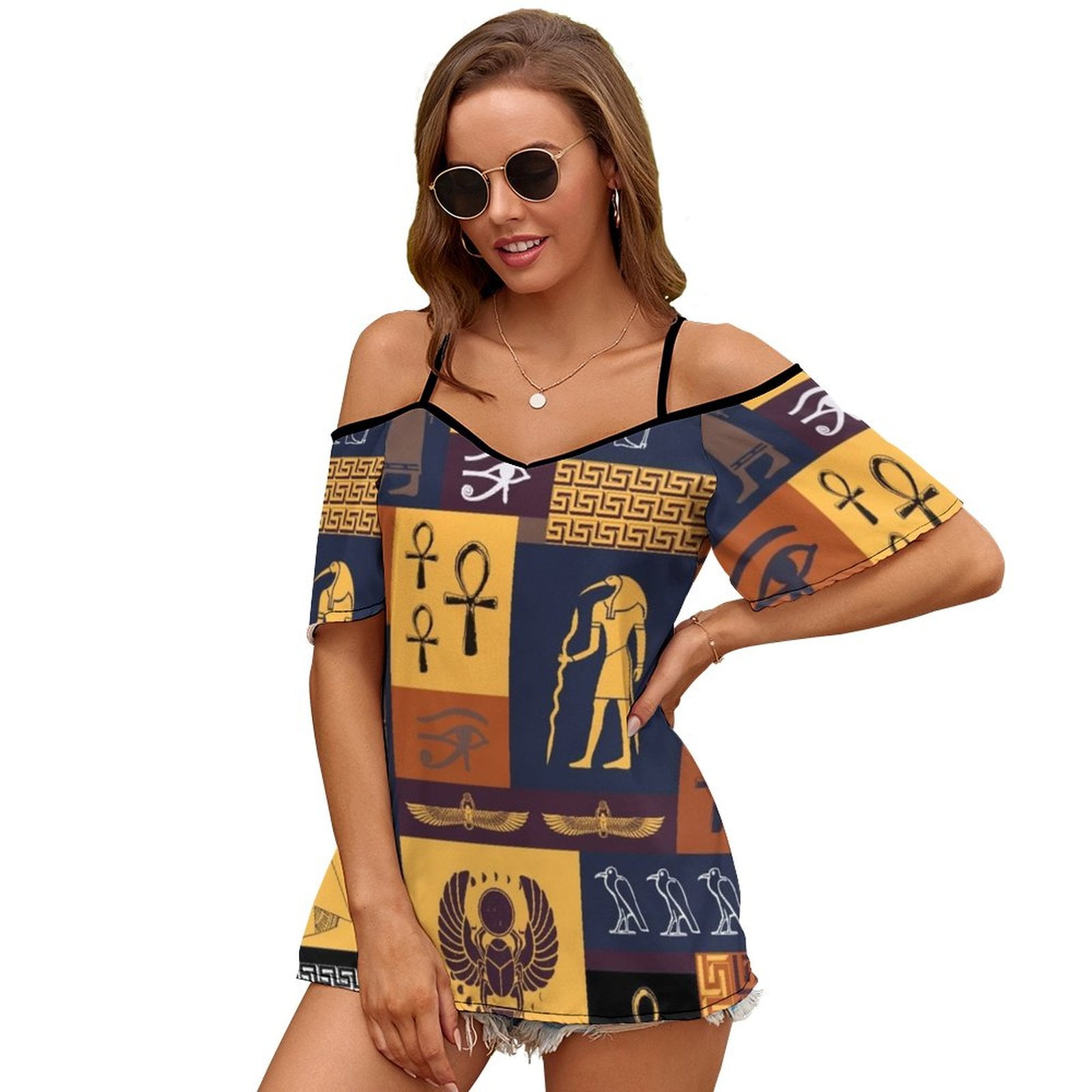 Egyptian Collage New Fashion Zip Off Shoulder Top Short-Sleeve Women ...