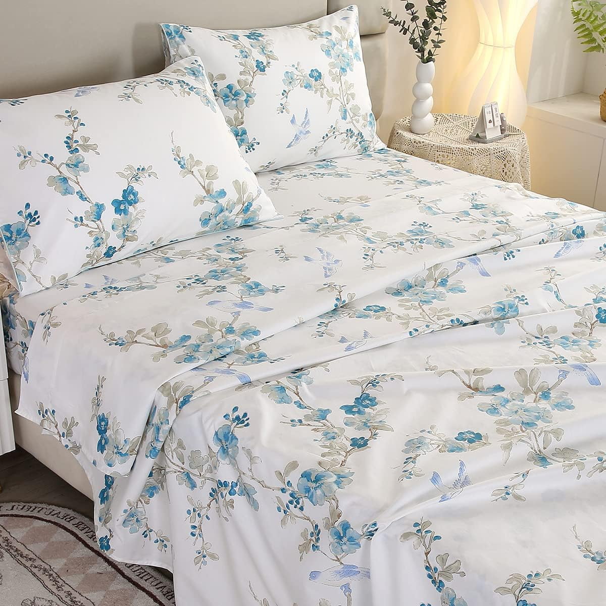 Egyptian Cotton Sheets Set Full Size Percale Weave Sheets 4PCS Blue ...