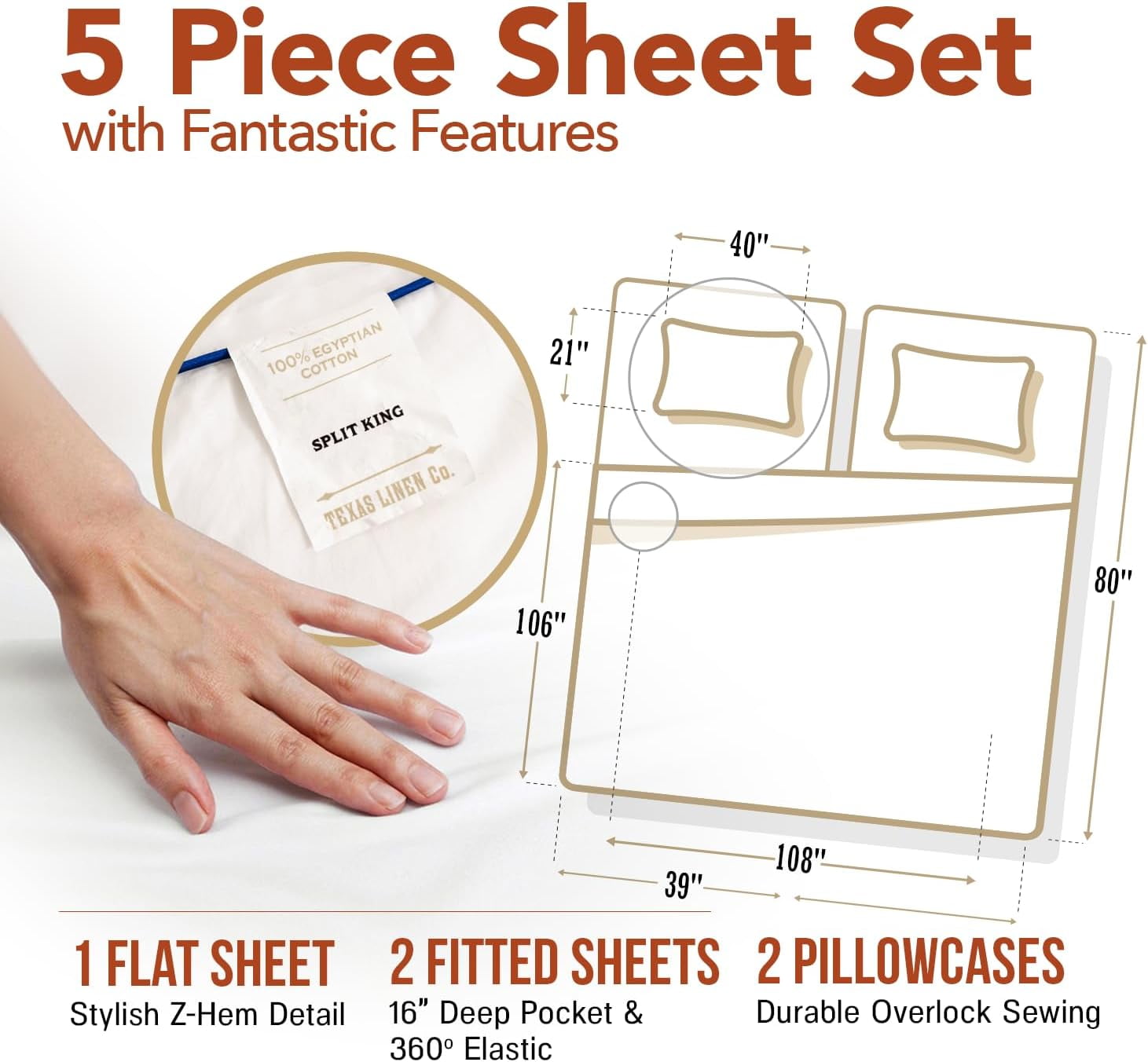 Egyptian Cotton Split King Sheets Sets for Adjustable Bed - 600 Thread ...