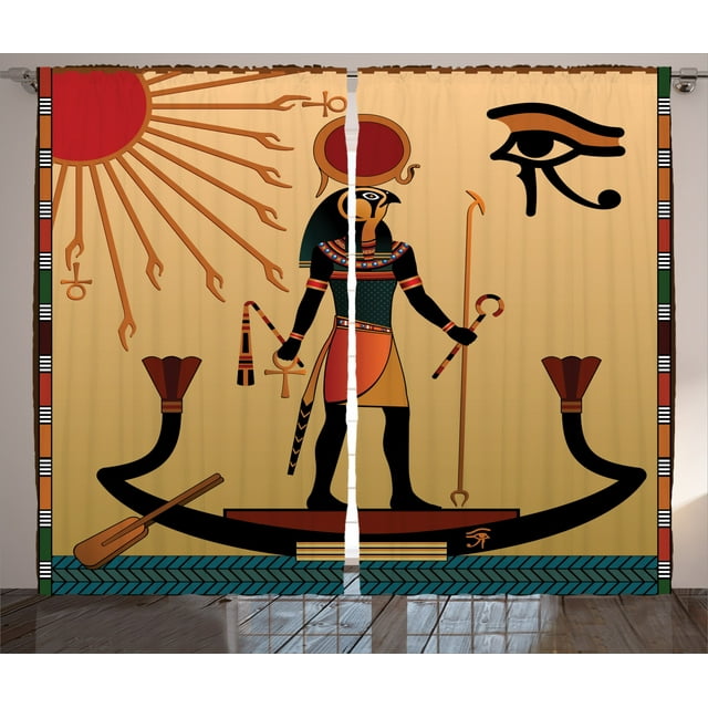 Egyptian Decor Curtains 2 Panels Set, Illustration Of Ancient God Sun ...