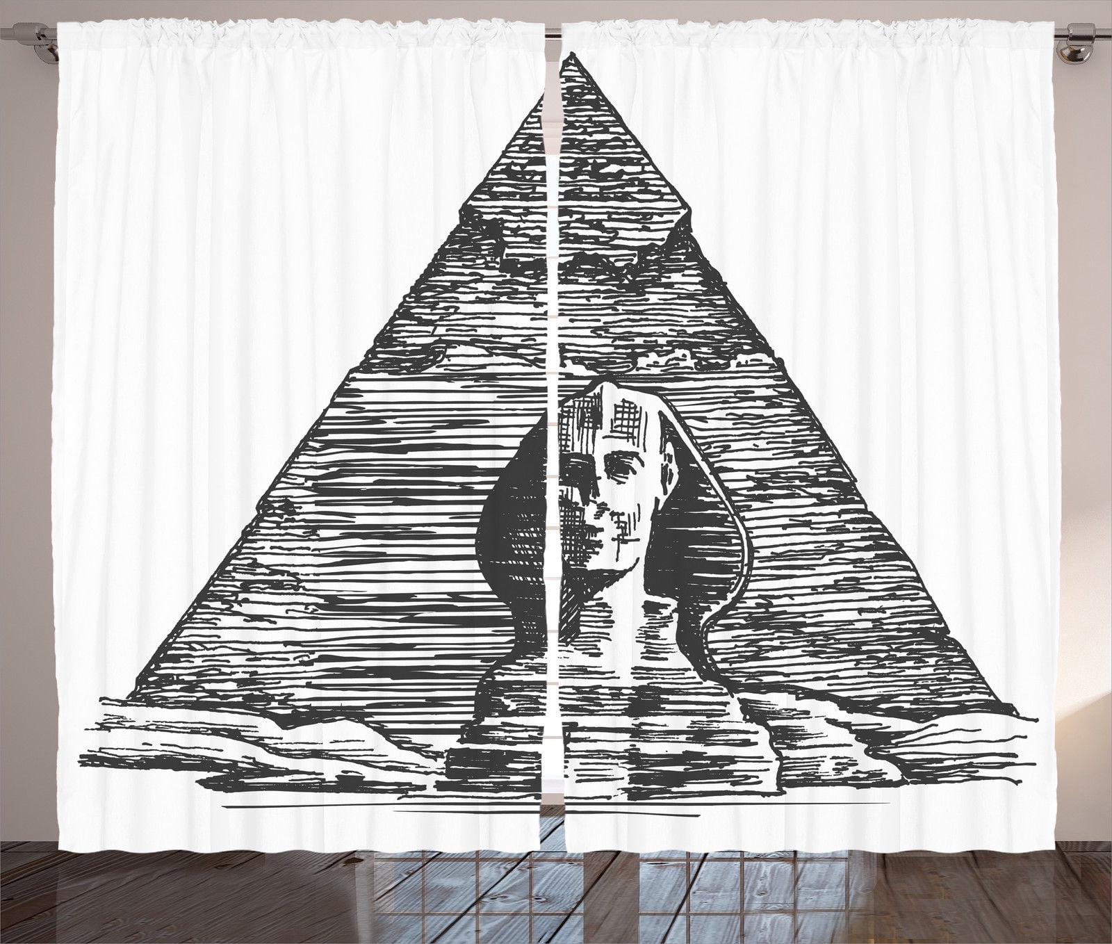 Ambesonne Egyptian Curtains 2 Panel Set, Sphinx Pyramid Sketch, 108" x ...