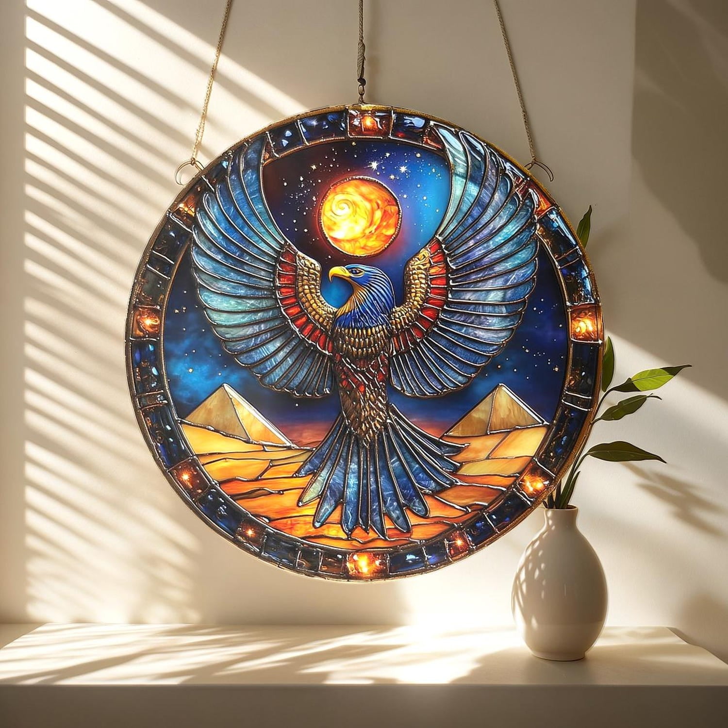 Egyptian Falcon Sun Disc Acrylic Suncatcher Faux Stained Glass Window ...