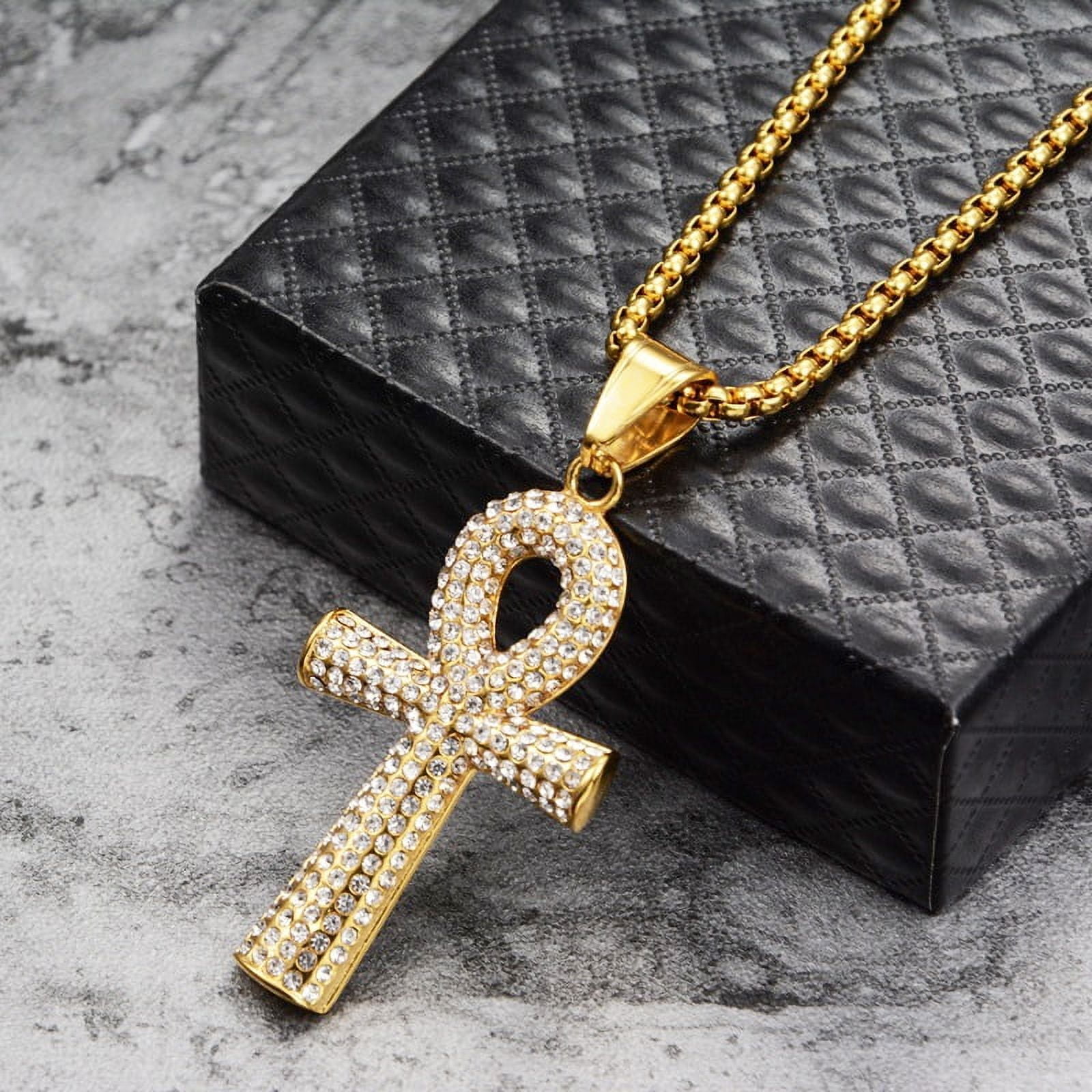 Egyptian Iced Out Ankh Cross Pendant Necklaces For Men Male 14K Yellow ...