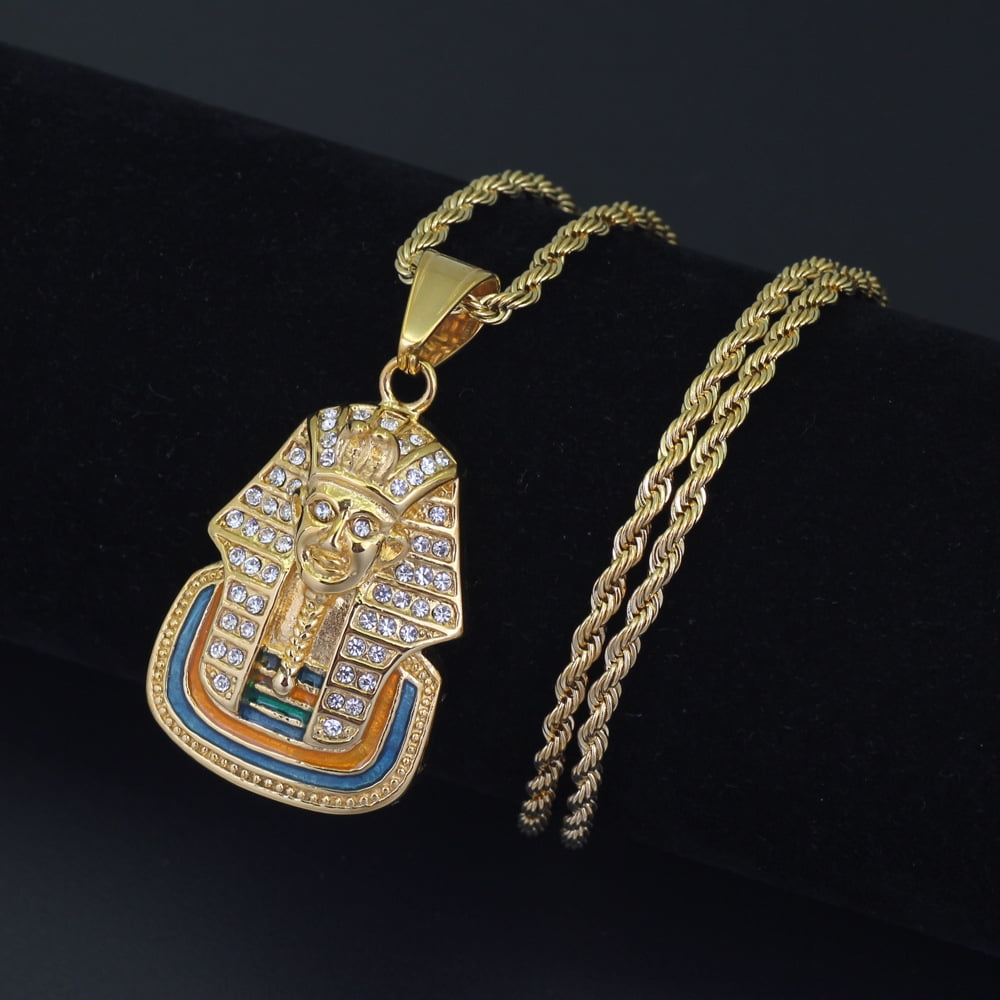 Egyptian Iced Out Bling Pharaoh 14K Yellow Gold Pendant Necklace Inlay ...