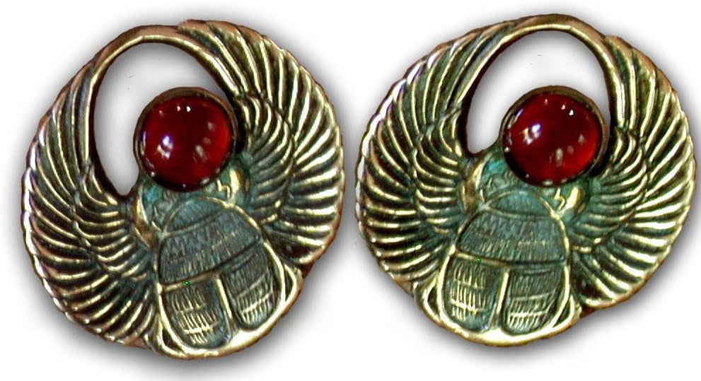 Egyptian Motif Scarab Earrings - Verdigris Patina, Carnelian, posts ...