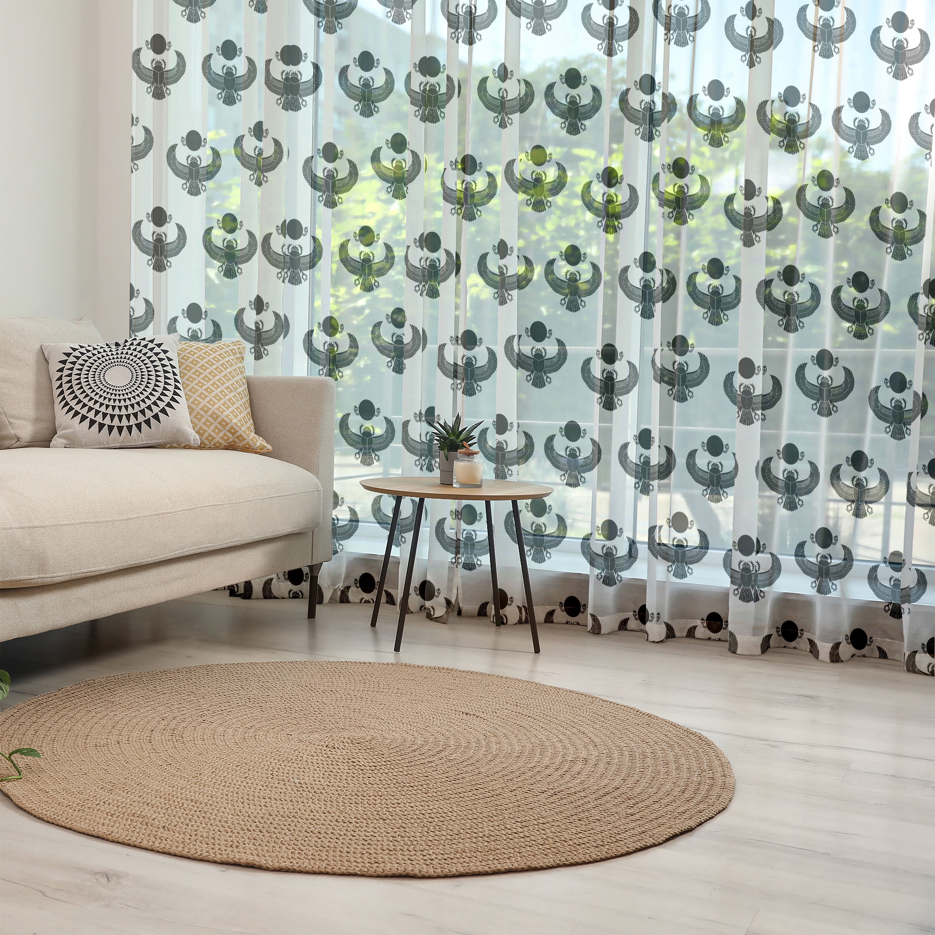 Egyptian Print Tulle Curtains with Rod Pocket, Beetle Scarab ...