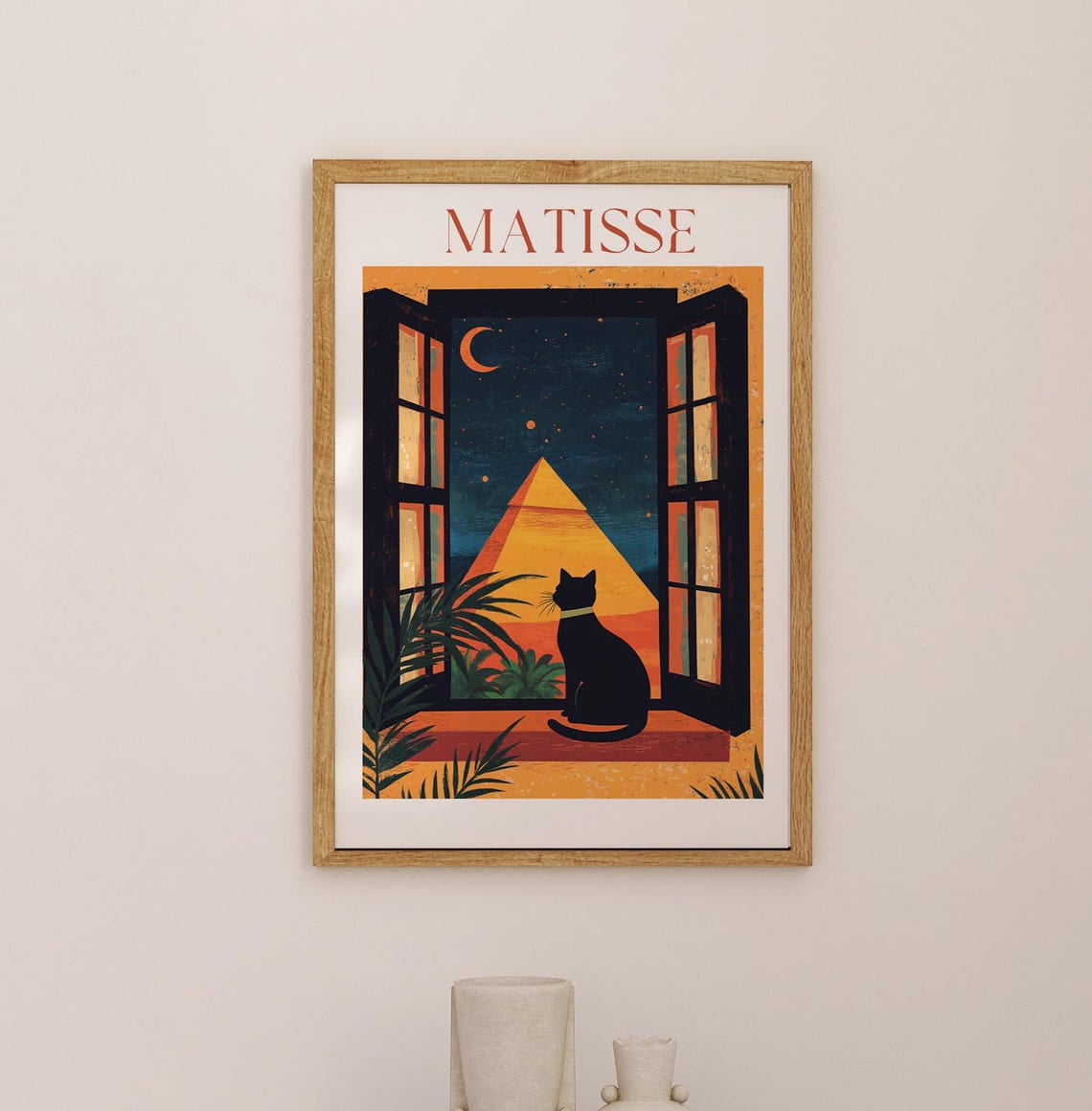 Egyptian Pyramid Open Window Art Print, Cat Illustration, Desert View ...