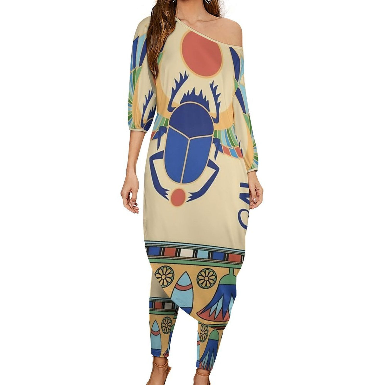 Egyptian Scarab Print Elegant Casual Diagonal Shoulder 2PCS Set Top ...