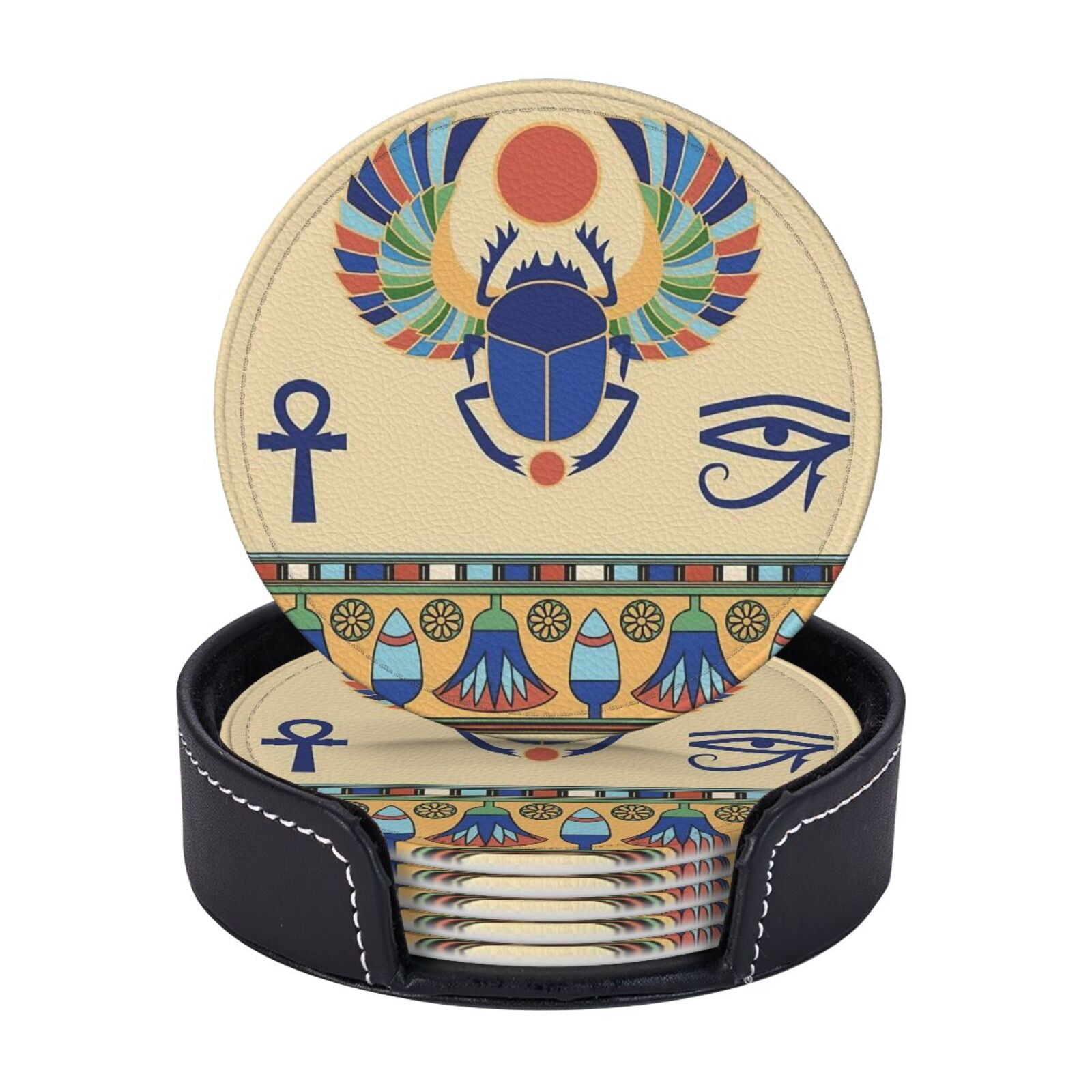 Egyptian Scarab Print Leather Coasters With Leather Holder Set Of 6 ...