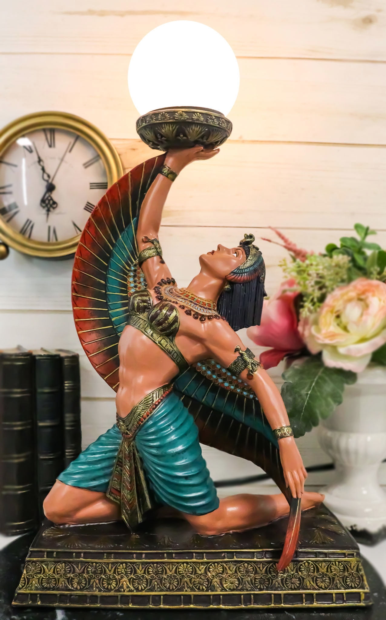 Egyptian Winged Goddess Isis Dancing Side Table Glass Orb Sphere Lamp ...