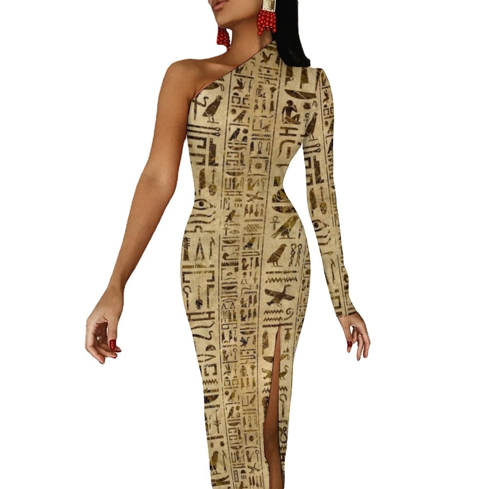 Egyptian hieroglyphs on papyrus Half Dleeve Split Dress long dresses ...