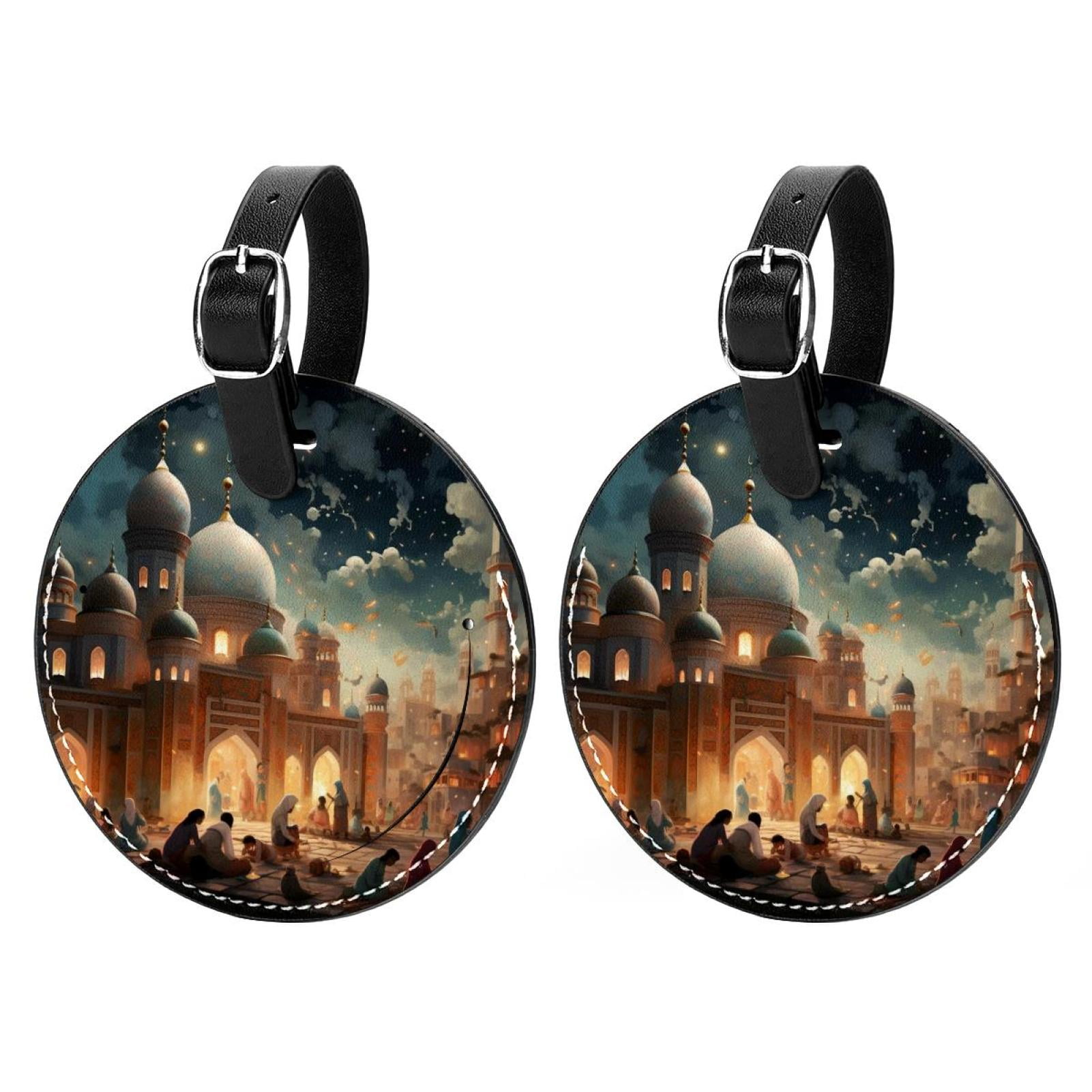Eid Al Fitr 2pcs PU Leather Round Bag Tags with Privacy Cover and Name ...