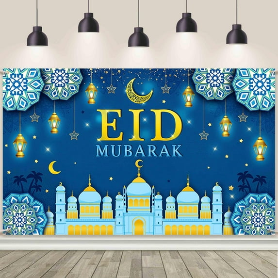 Eid Mubarak Backdrop Blue Gold Photography Background Eid Mubarak ...