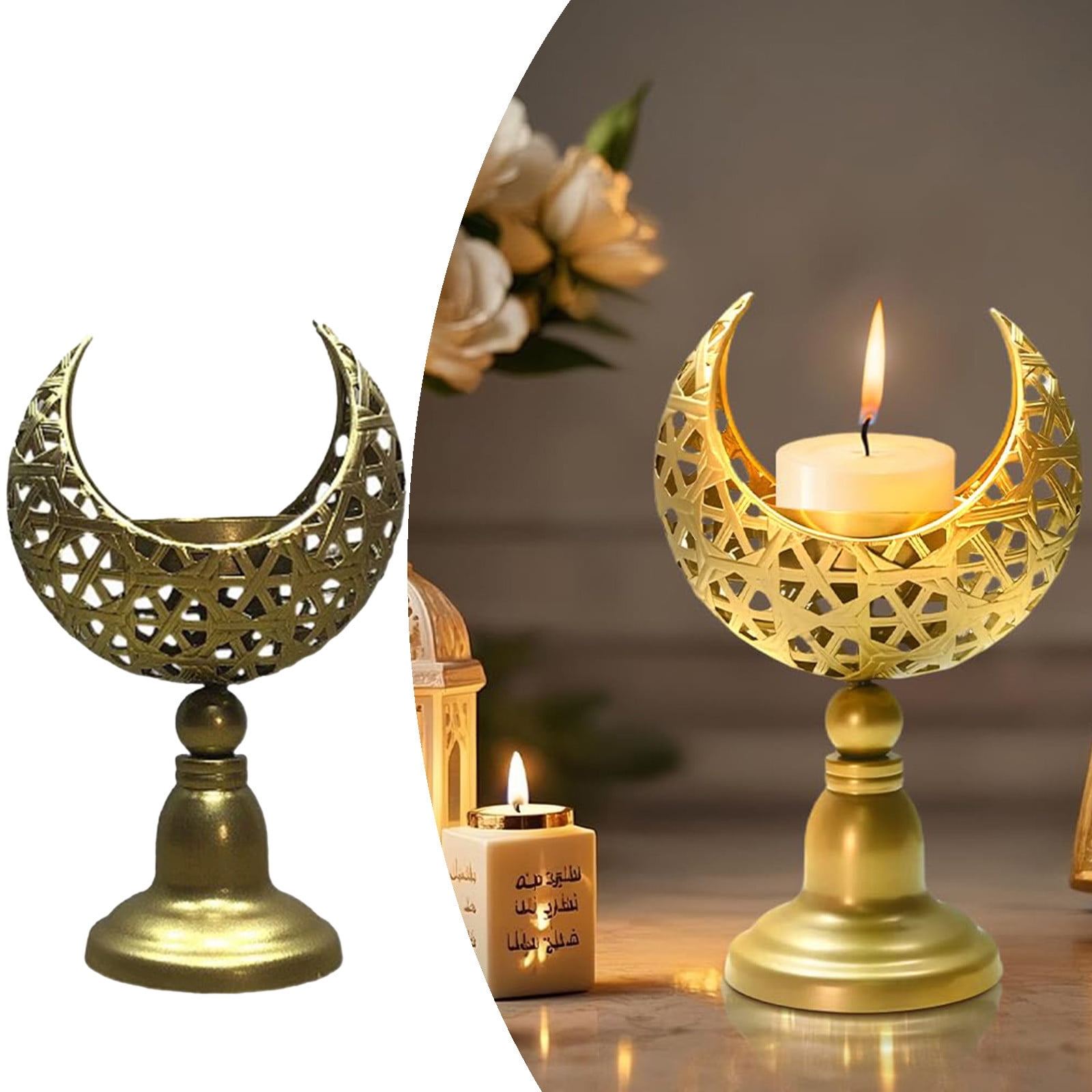 Eid Mubarak Decorations,2025 Golden Moon Shape Candle Holder - Classic ...