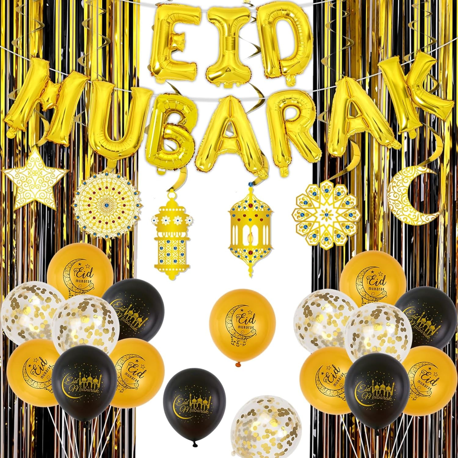 Eid Mubarak Decorations, Black and Gold Eid Mubarak Balloons Fringe ...