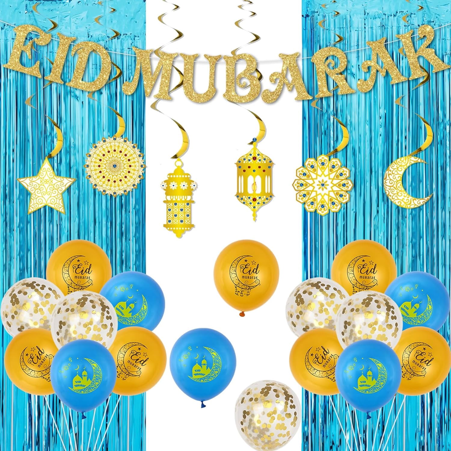 Eid Mubarak Decorations, Blue and Gold Eid Mubarak Banner Balloons ...