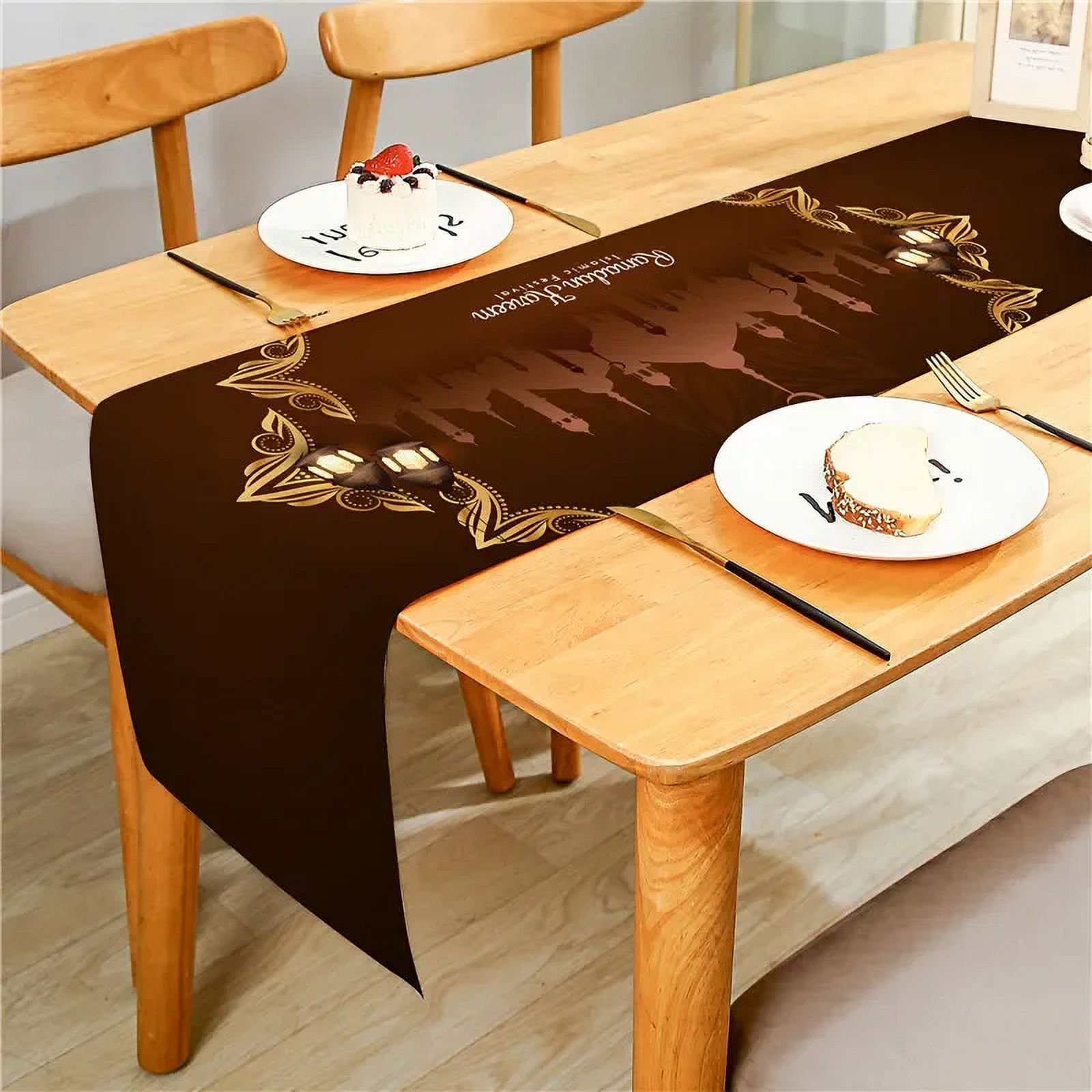 Eid Mubarak Moon Ramadan Lantern Purple Brown Linen Table Runner Cloth ...