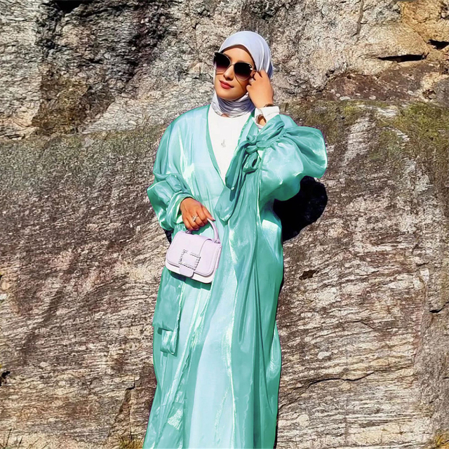 Eid Mubarak Ramadan Muslim Women Silk Satin Maxi Dress Open Abaya Marocain Kaftan Dubai Kimono ...