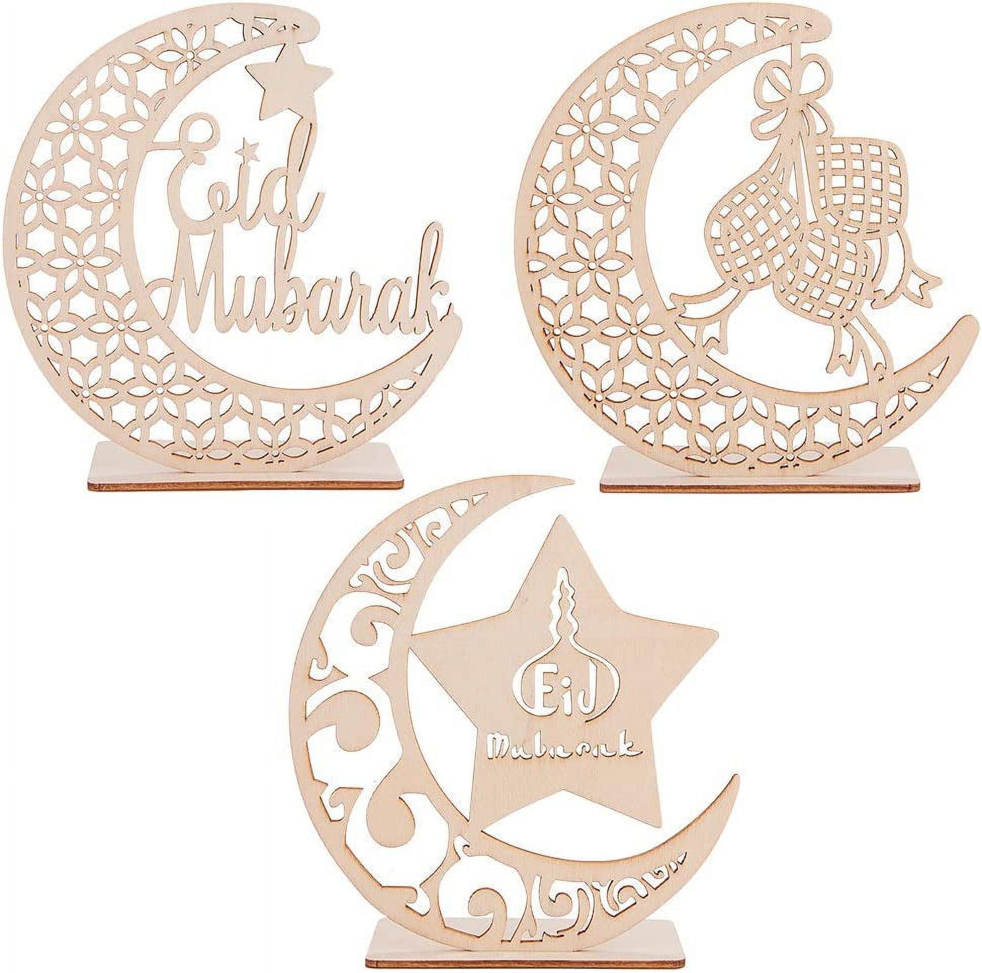Eid Mubarak Wooden Ornaments Ramadan Wood Tabletop Decoration Moon with ...